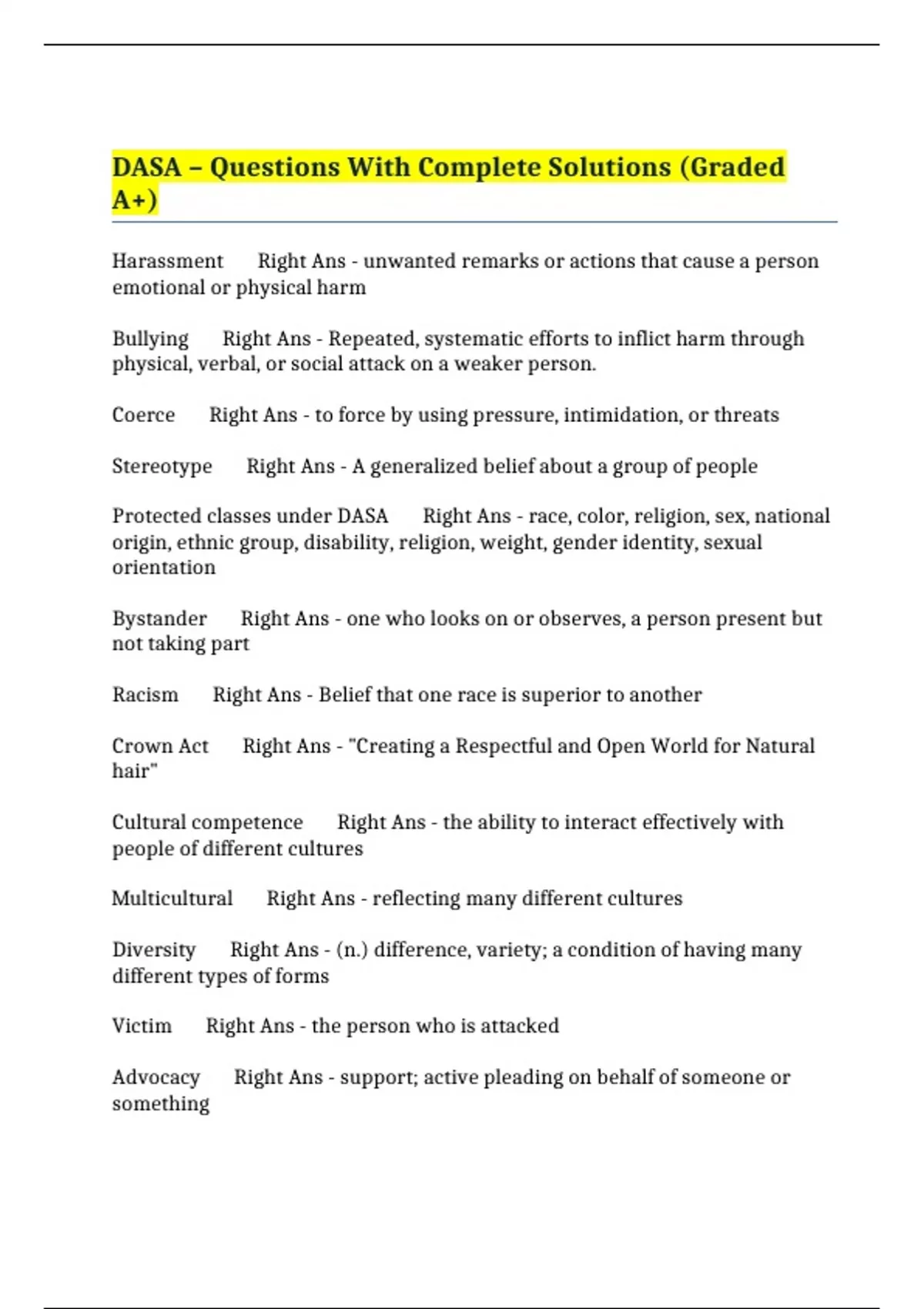 DASA – Questions With Complete Solutions (Graded A+) - DASA -Dignity ...
