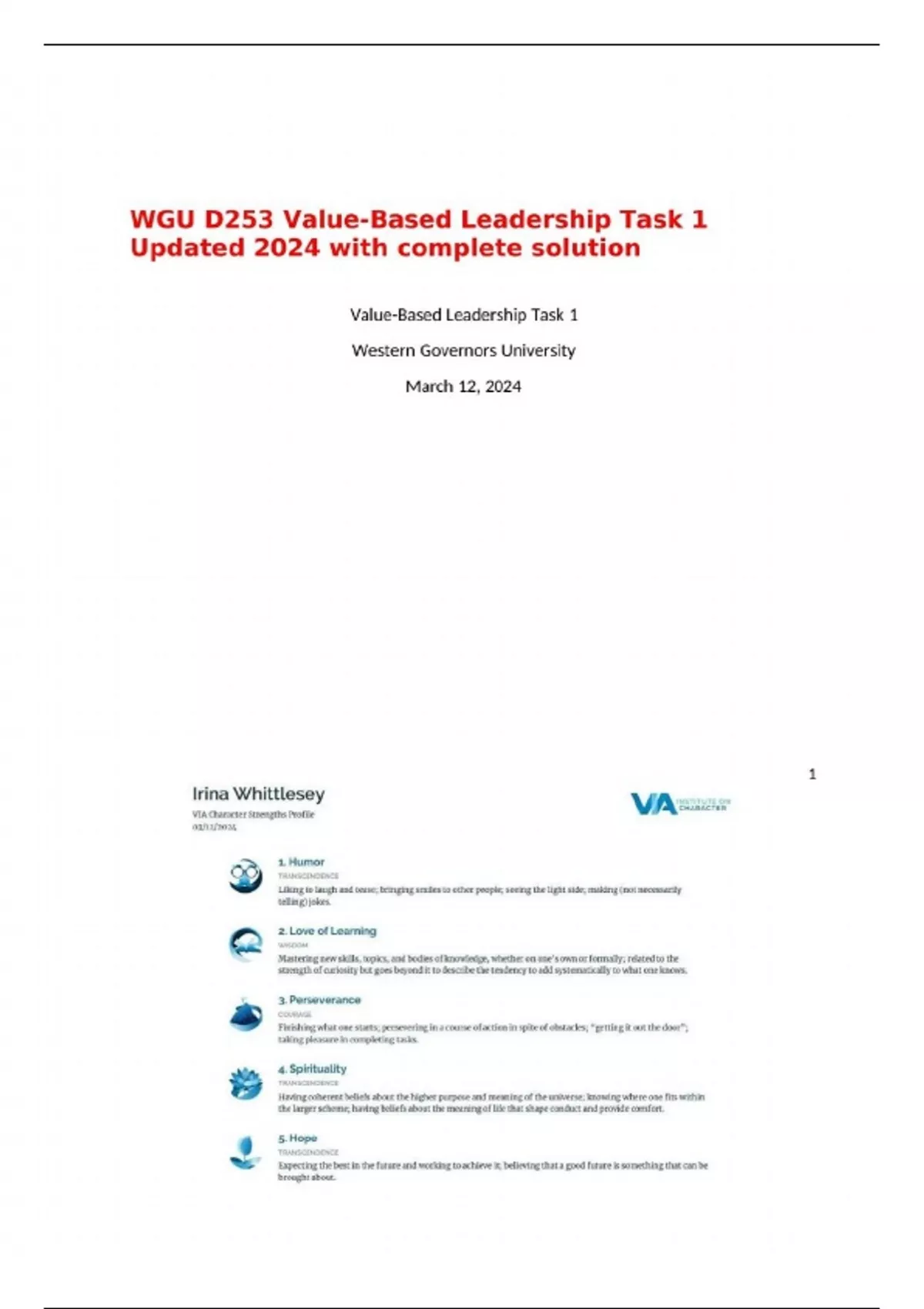 Wgu D253 Value Based Leadership Task 1 Updated 2024 With Complete Solution Wgu D253 Stuvia Us