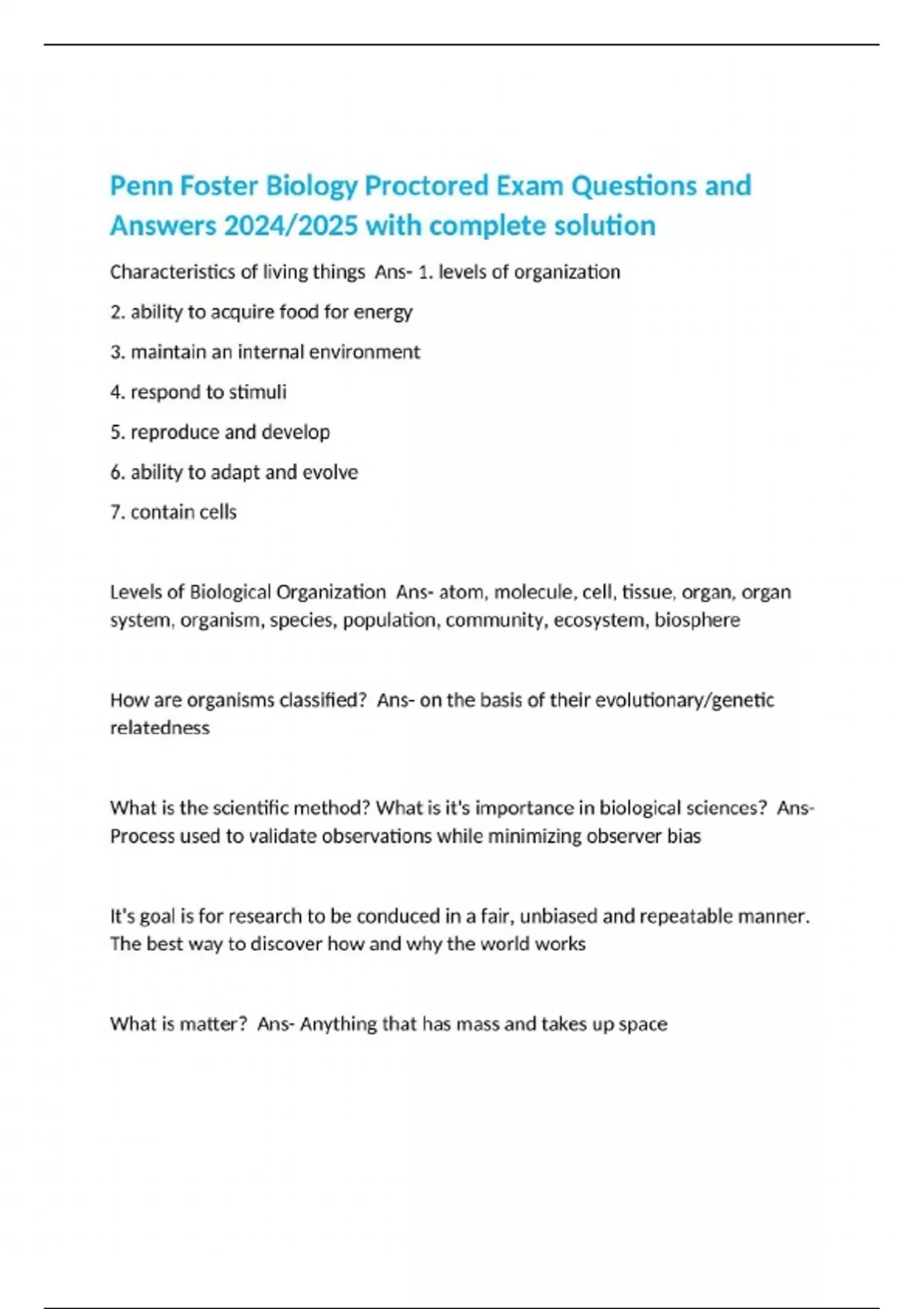 Penn Foster Biology Proctored Exam Questions and Answers 2024/2025 with ...
