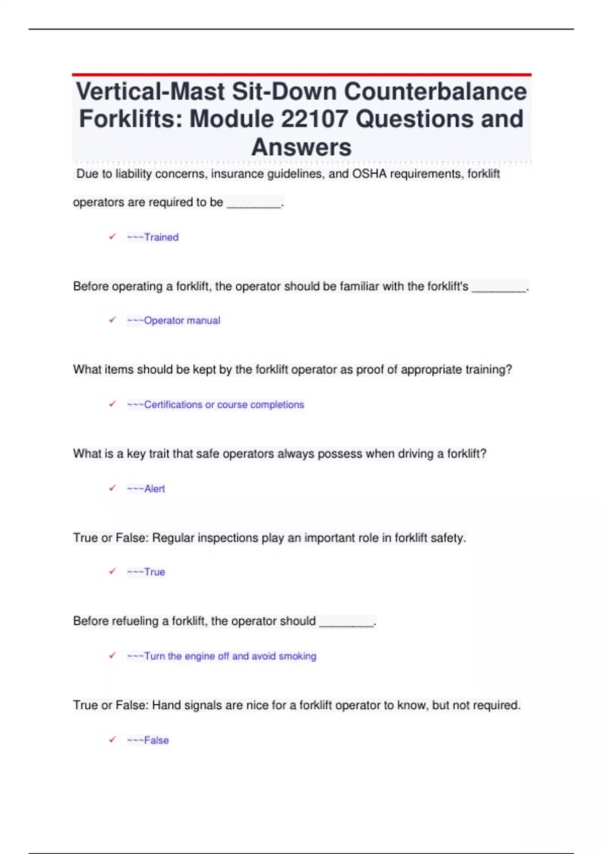 Vertical-Mast Sit-Down Counterbalance Forklifts: Module 22107 Questions ...