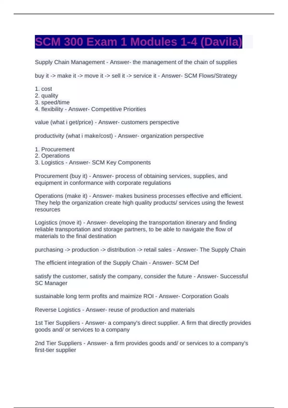 SCM 300 MODULE 1,2,,3 &4 BUNDLE PACKAGE QUESTIONS AND ANSWERS - Stuvia US