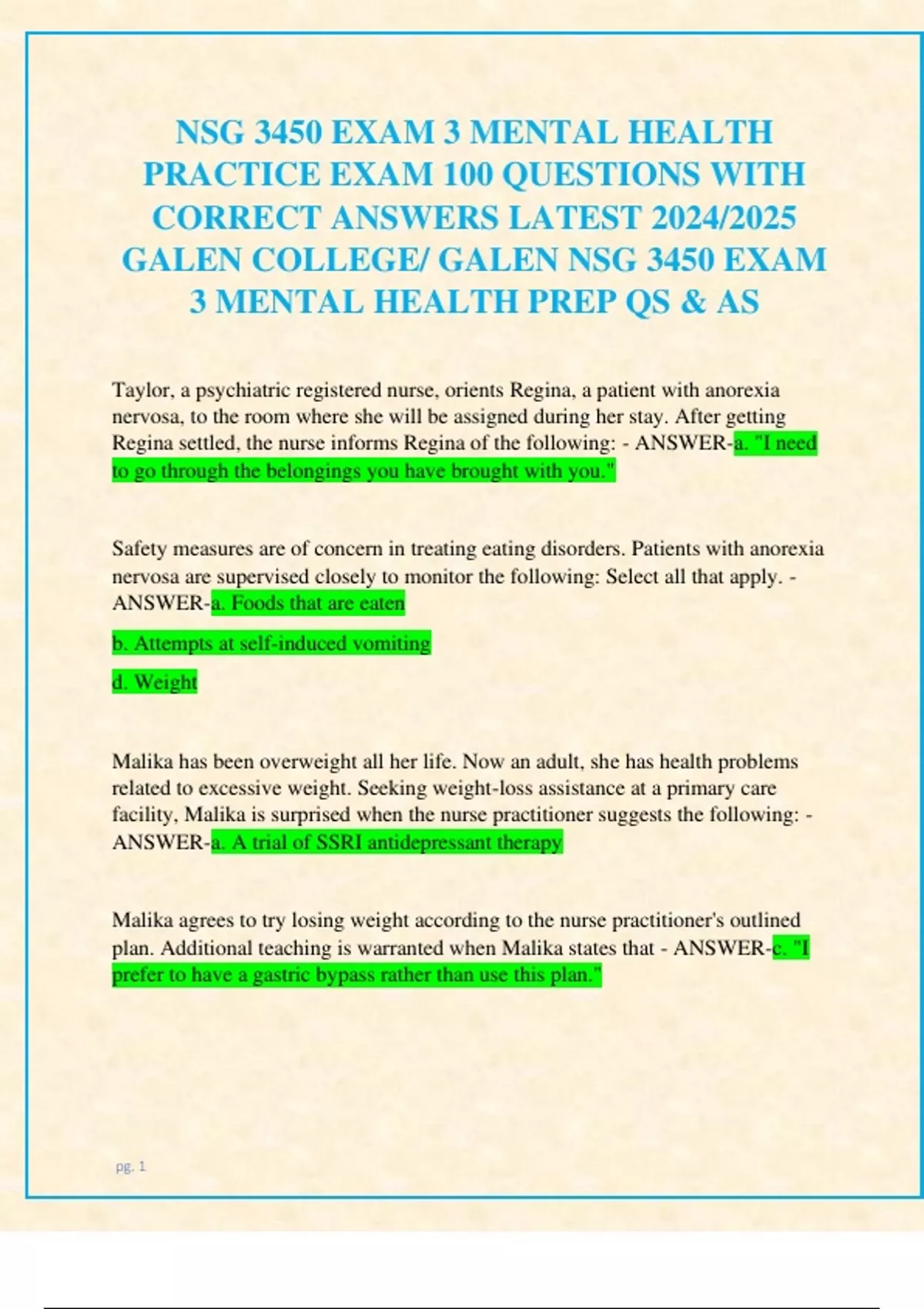 NSG 3450 EXAM 3 MENTAL HEALTH PRACTICE EXAM 100 QUESTIONS WITH CORRECT ...