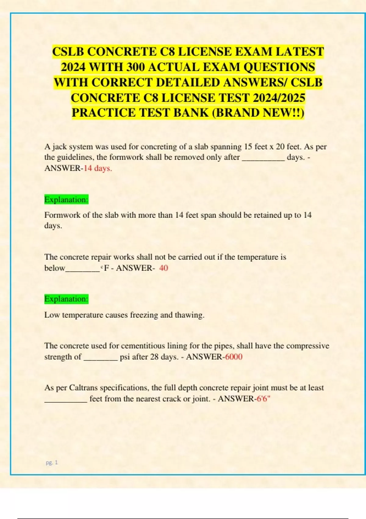 CSLB CONCRETE C8 LICENSE EXAM LATEST 2024 WITH 300 ACTUAL EXAM ...