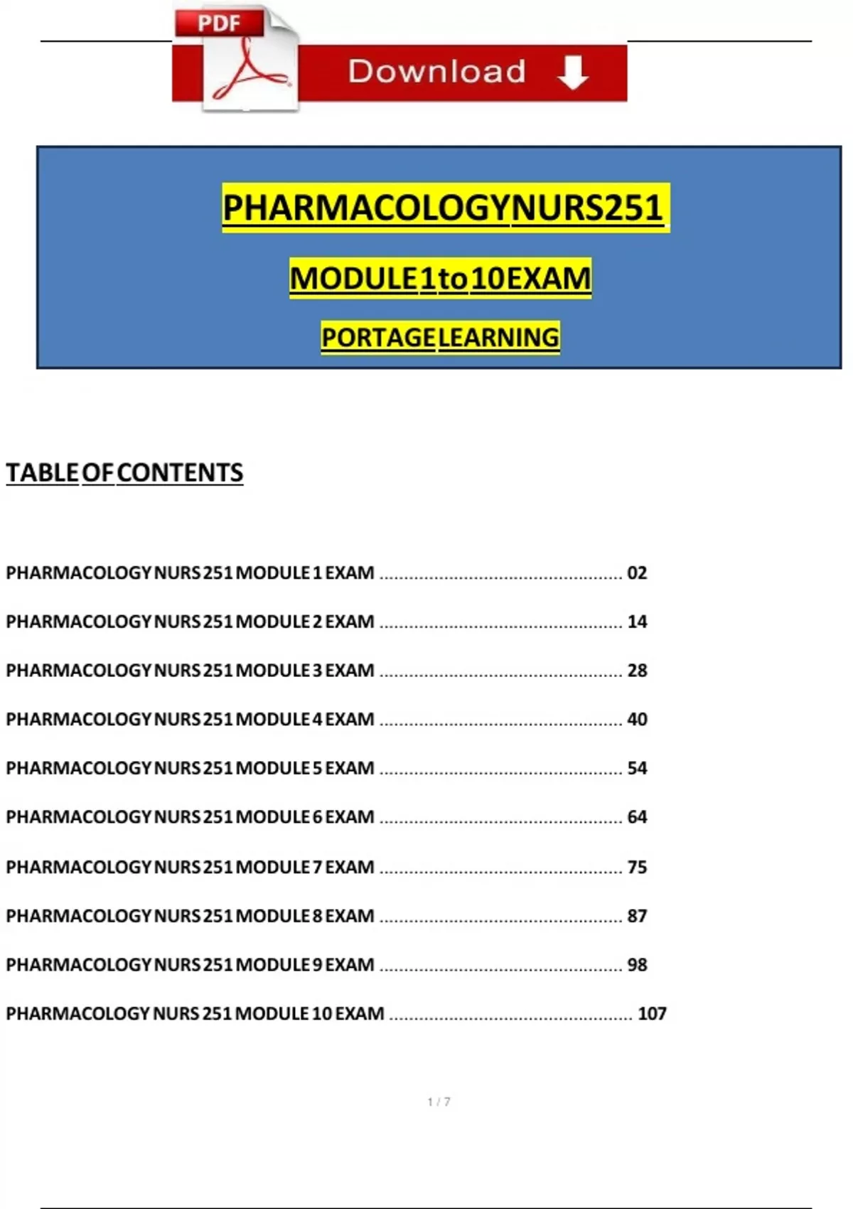 Pharmacology NURS 251 Module 1 to 10 Exam (2024 / 2025) portage ...