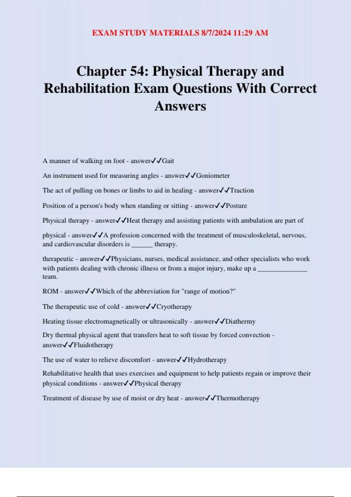 Chapter 54: Physical Therapy and Rehabilitation Exam Questions With ...