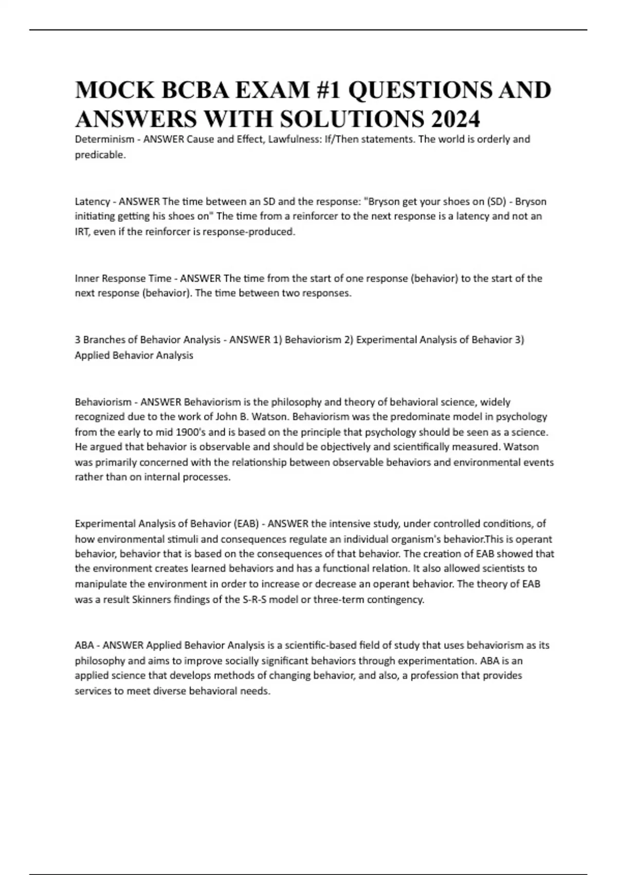 MOCK BCBA EXAM #1 QUESTIONS AND ANSWERS WITH SOLUTIONS 2024 - BCBA - Stuvia US