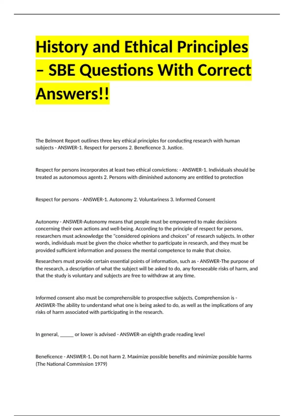 History and Ethical Principles – SBE Questions With Correct Answers ...