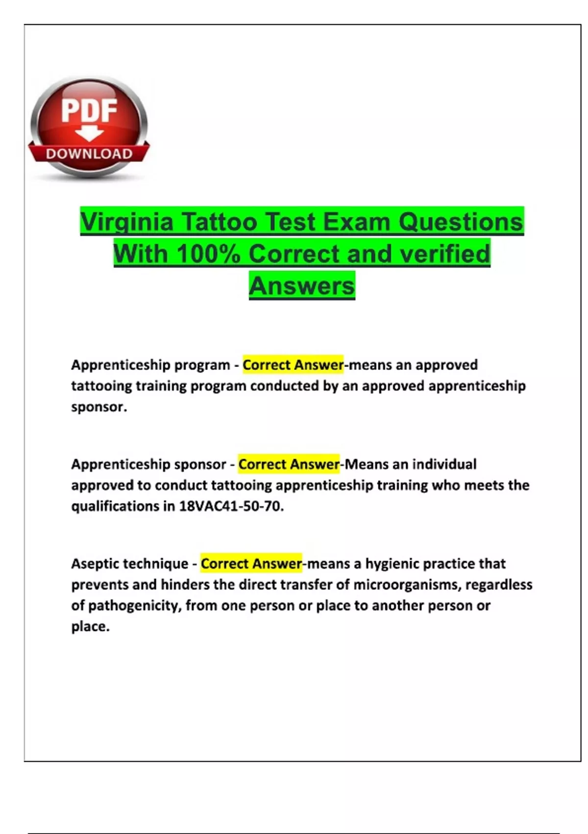 Virginia Tattoo Test Exam Questions With 100% Correct and verified ...