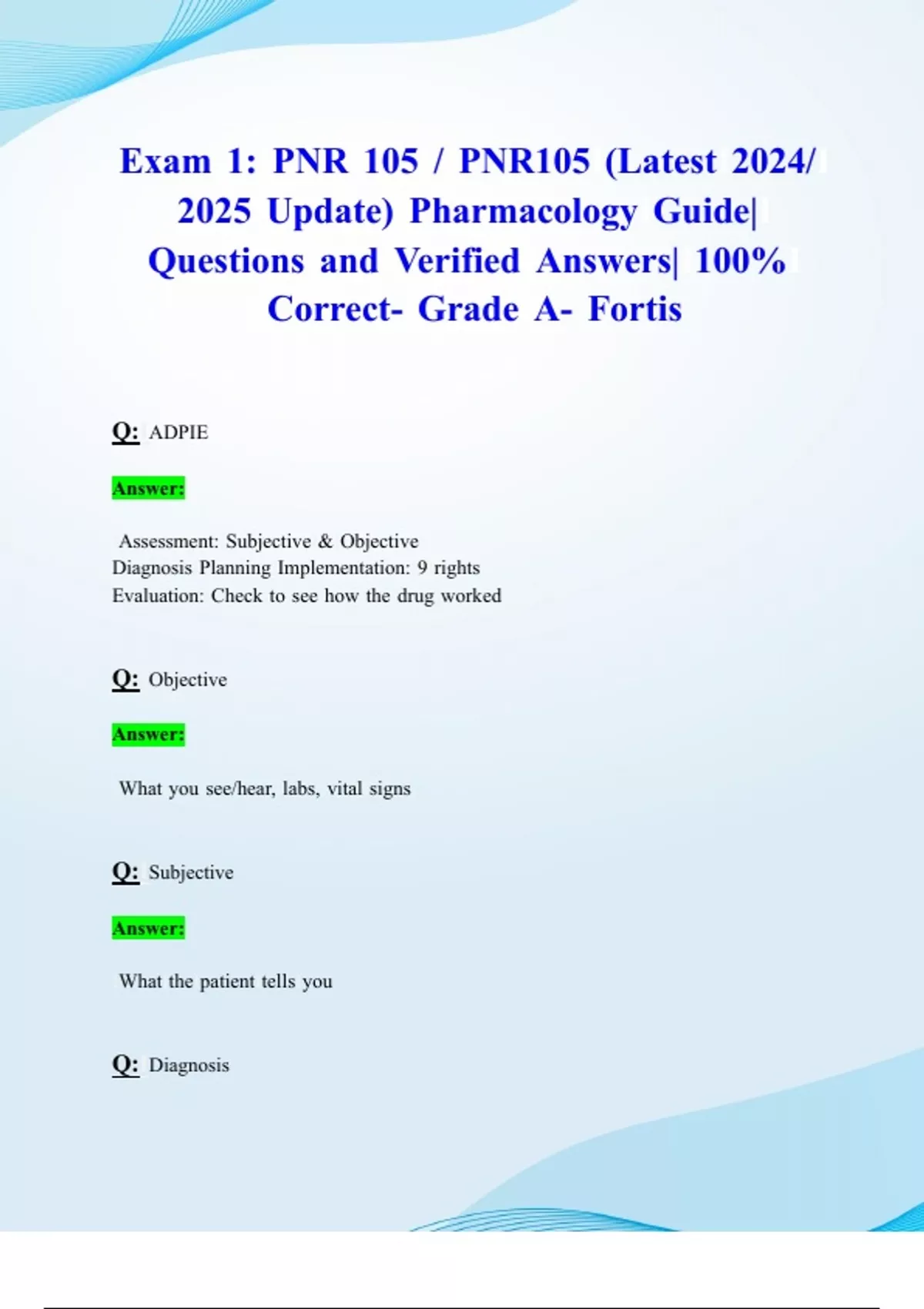 Exam 1: PNR 105 / PNR105 (Latest 2024/ 2025 Update) Pharmacology Guide ...