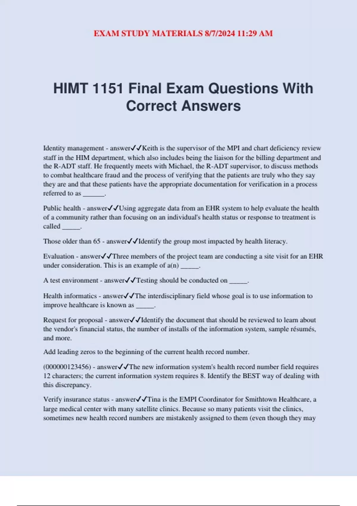 HIMT 1151 Final Exam Questions With Correct Answers - HIMT 1151 - Stuvia US