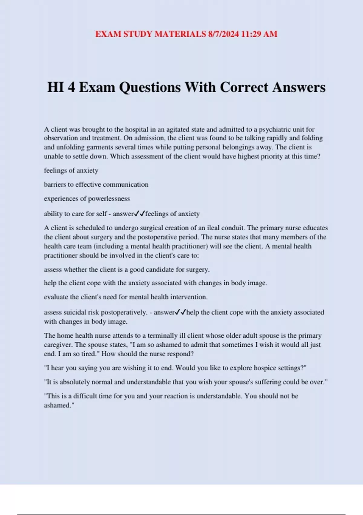 HI 4 Exam Questions With Correct Answers - HI 4 - Stuvia US