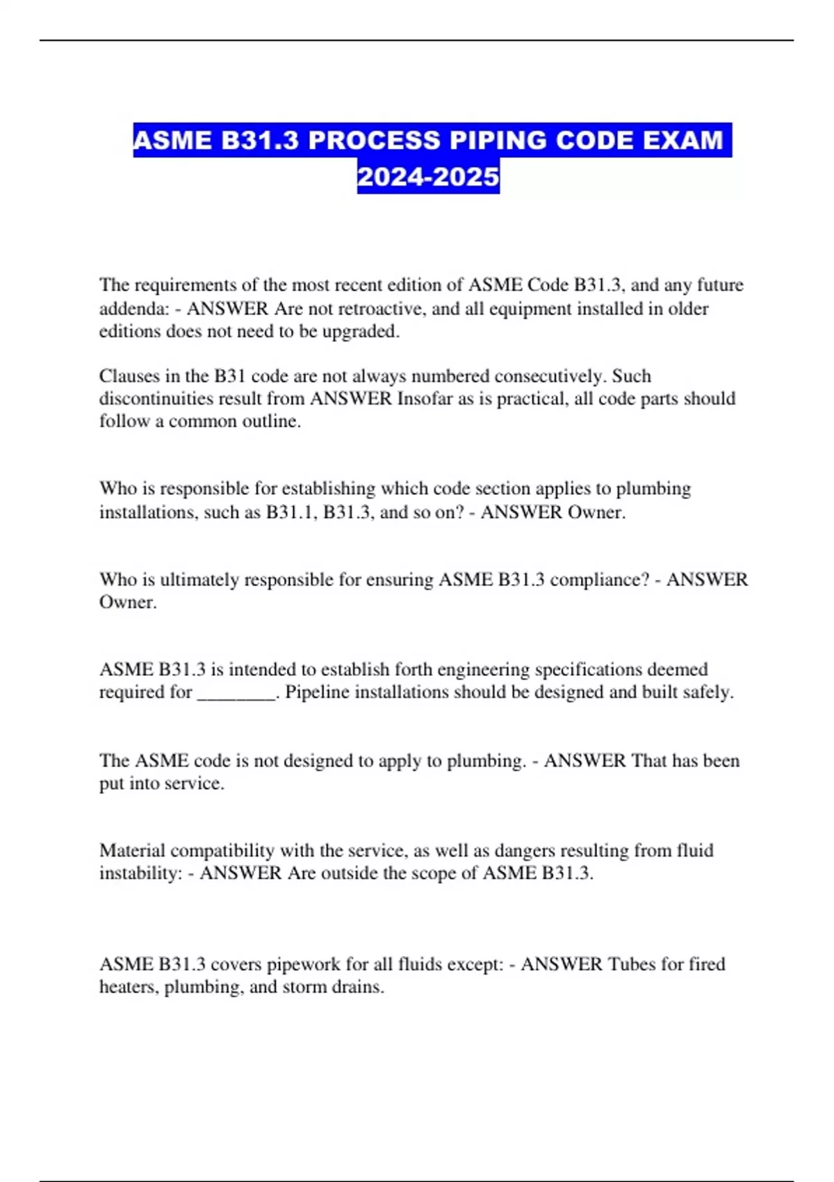 ASME B31.3 PROCESS PIPING CODE EXAM - ASME B31.3 PROCESS PIPING CODE ...