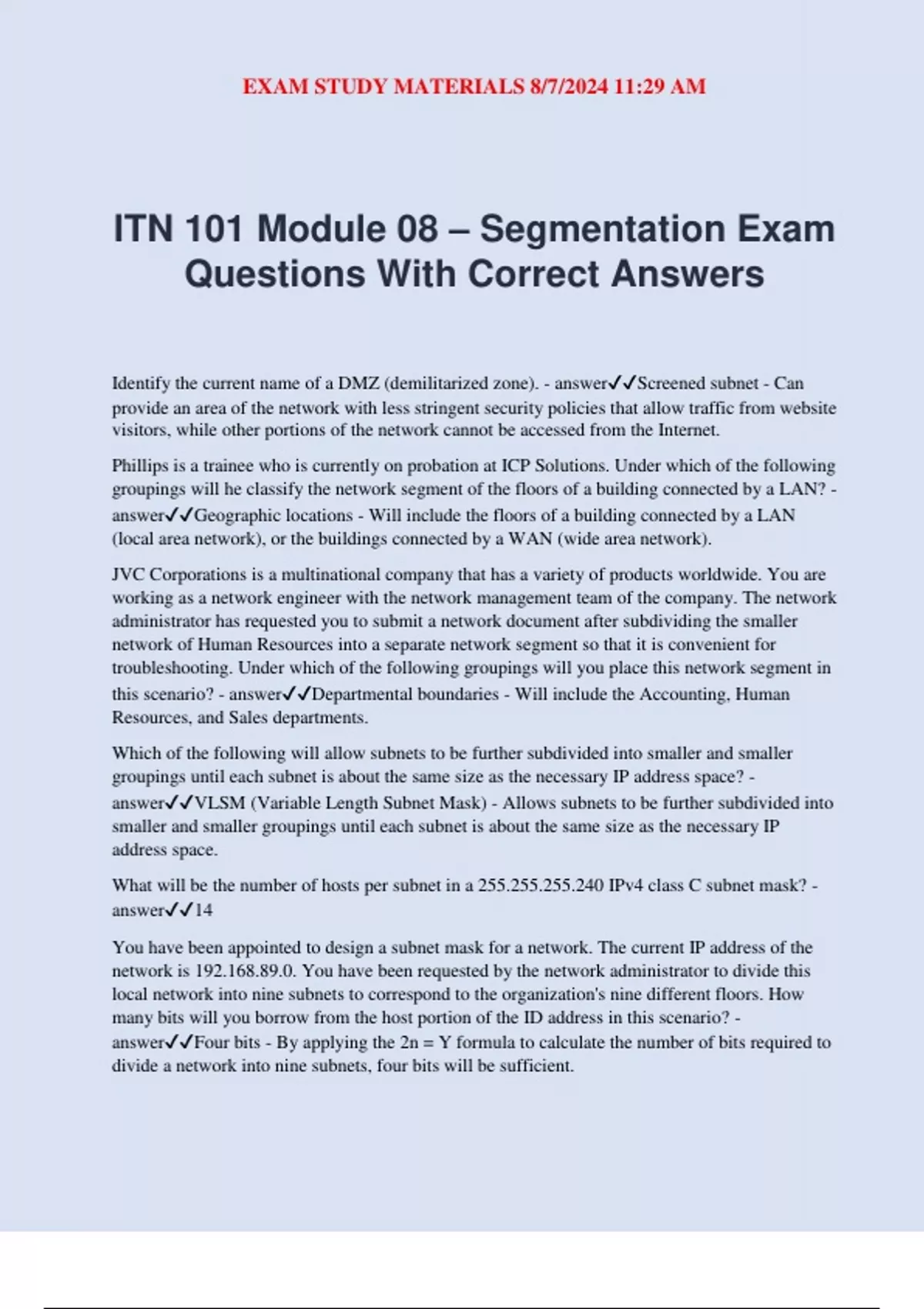 ITN 101 Module 08 – Segmentation Exam Questions With Correct Answers ...