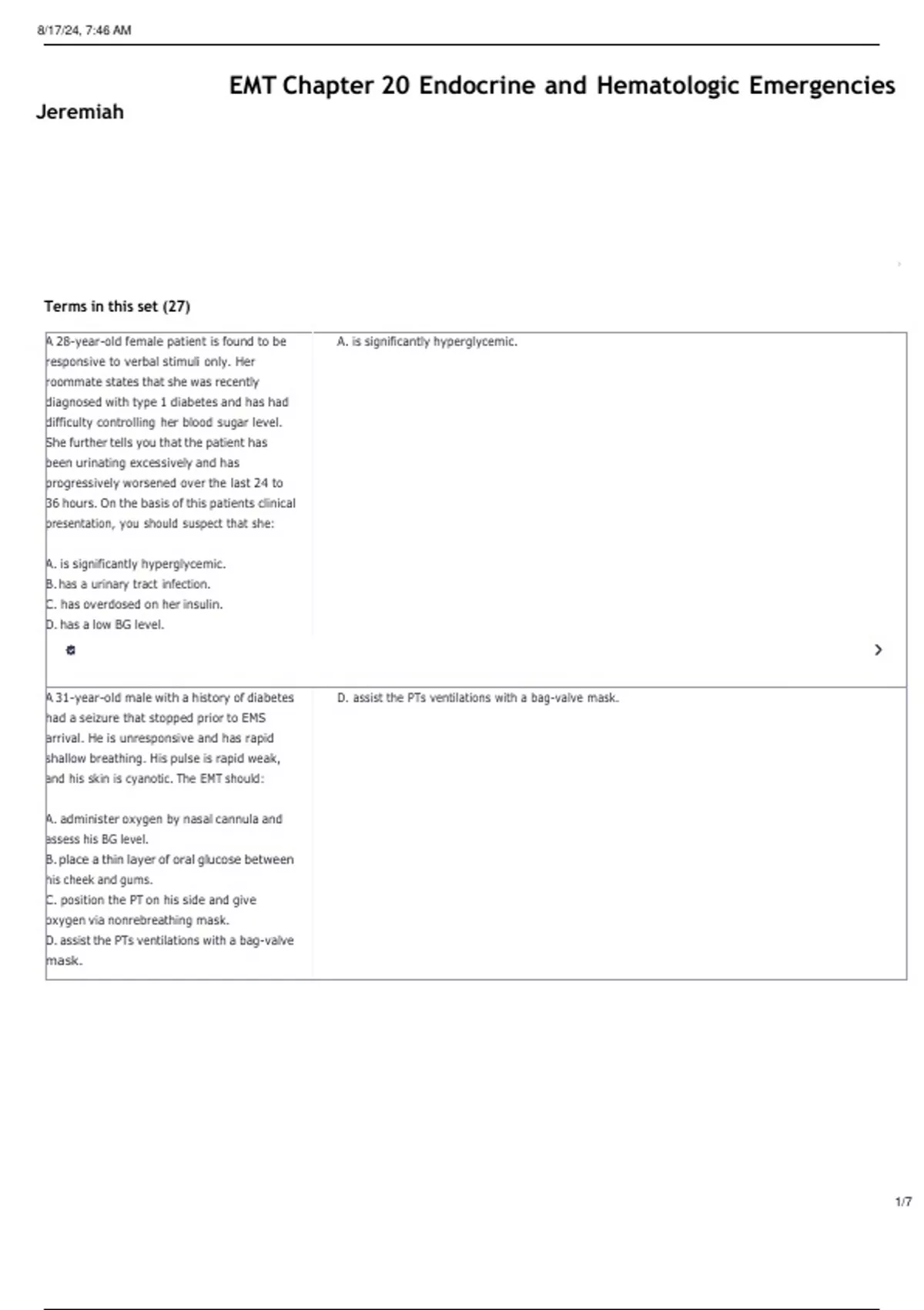 EMT Chapter 20 Endocrine and Hematologic Emergencies 2024 QUESTIONS WITH COMPLETE - CGFO ...