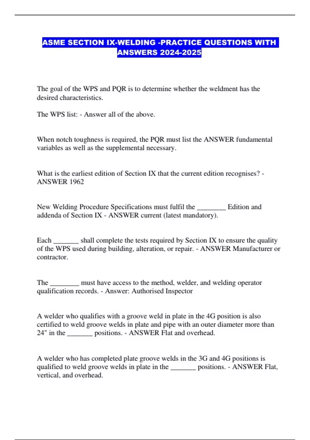 ASME SECTION IX-WELDING -PRACTICE QUESTIONS WITH ANSWERS - ASME SECTION ...