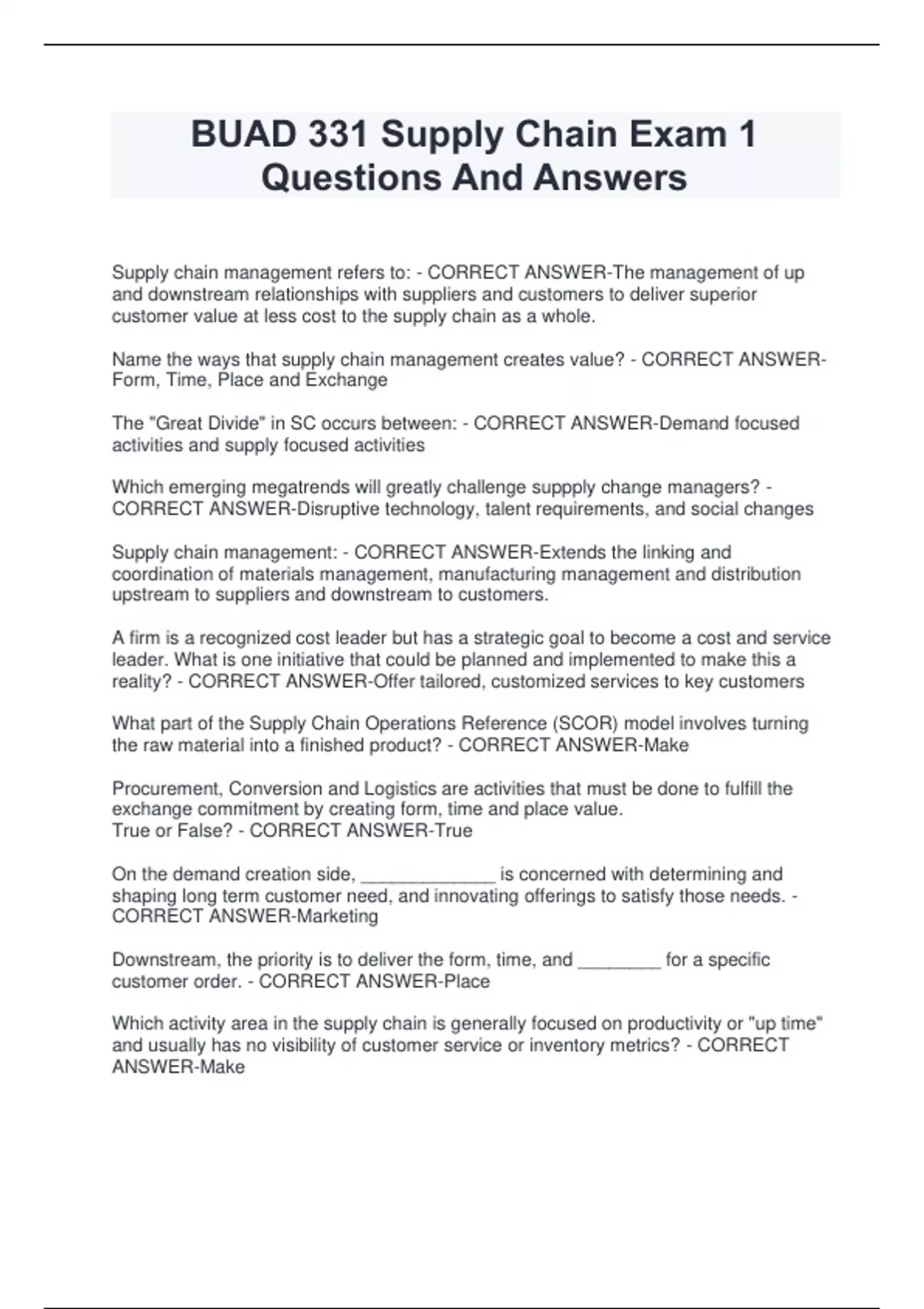 Buad 331 Supply Chain Exam 1 Questions And Answers Buad 331 Sup