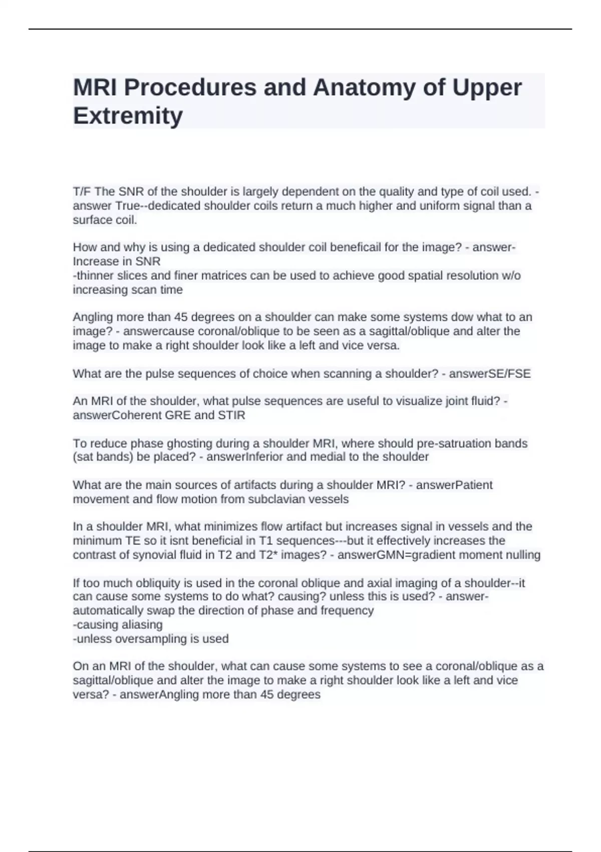 MRI Procedures and Anatomy of Upper Extremity Questions and Answers ...