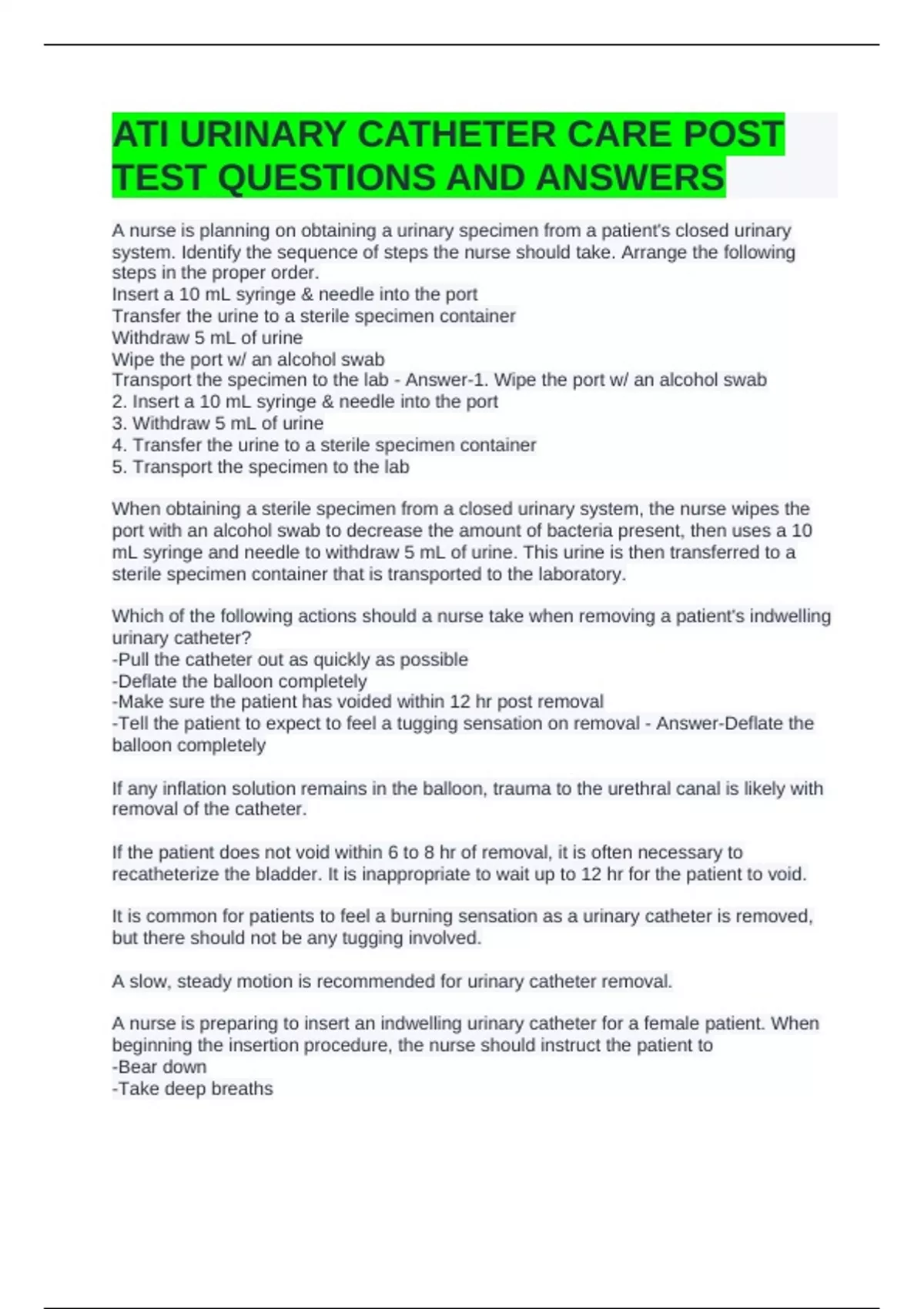 ATI URINARY CATHETER CARE POST TEST QUESTIONS AND ANSWERS - URINARY ATI ...