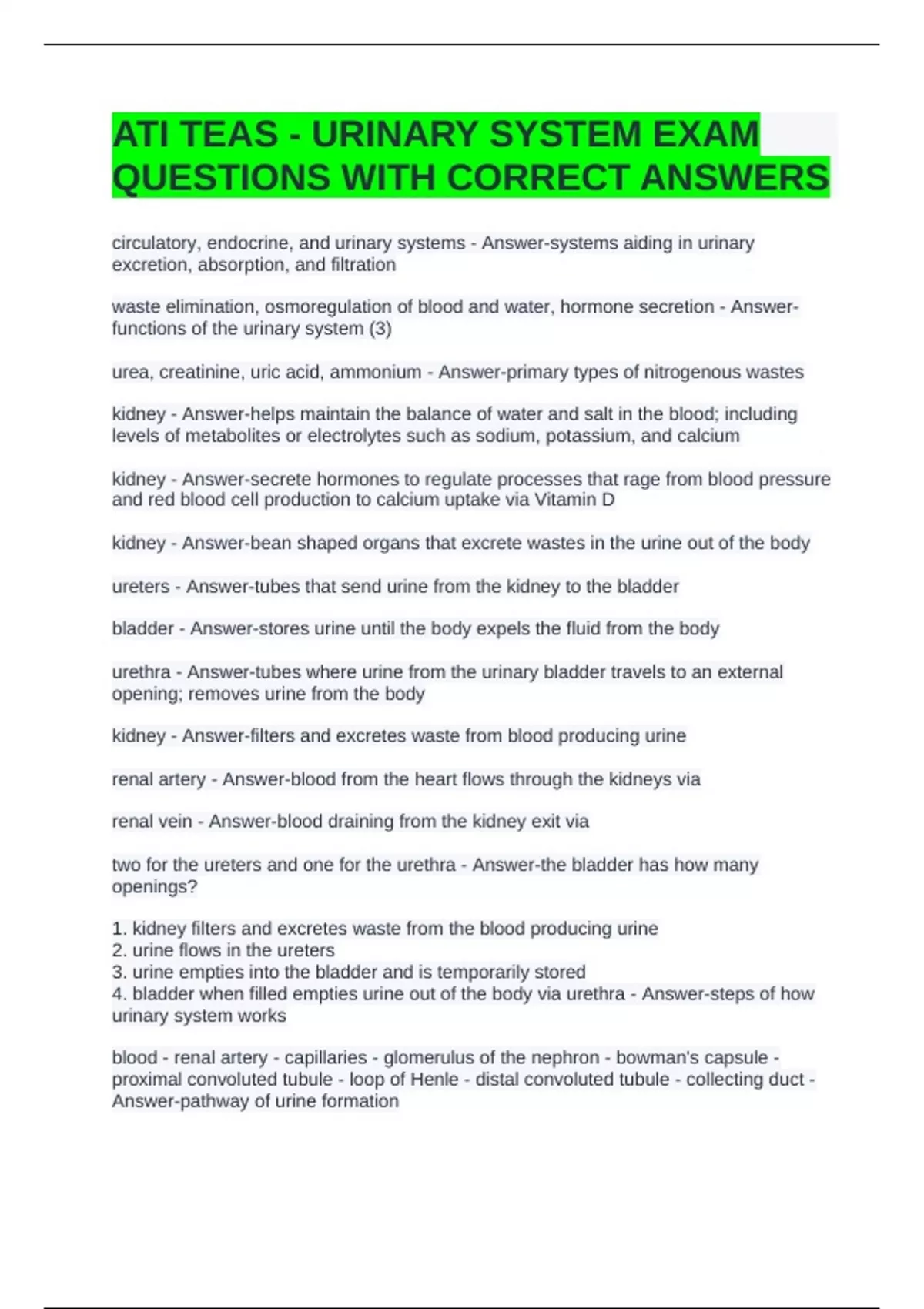 ATI TEAS - URINARY SYSTEM EXAM QUESTIONS WITH CORRECT ANSWERS - URINARY ...