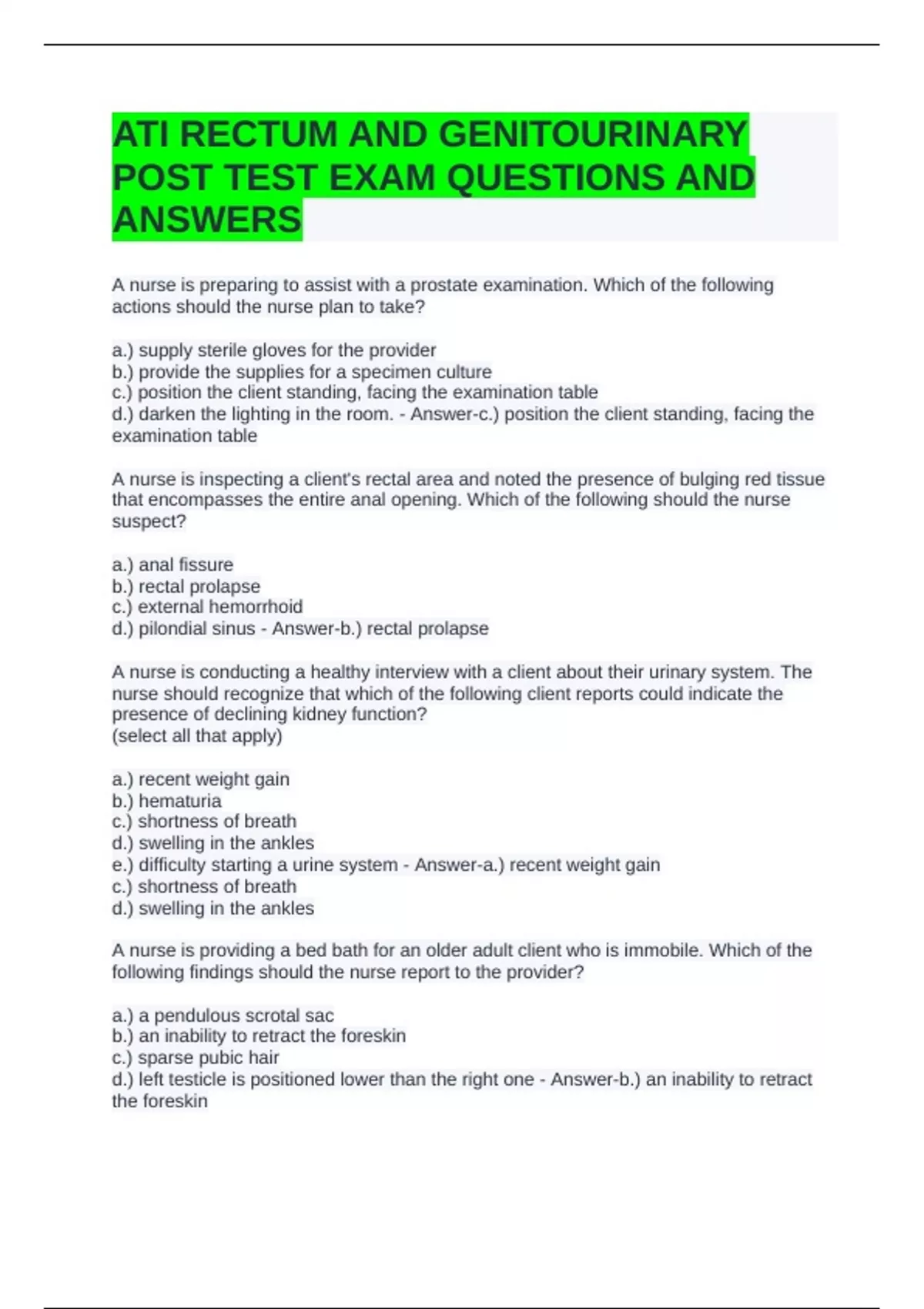 ATI RECTUM AND GENITOURINARY POST TEST EXAM QUESTIONS AND ANSWERS ...