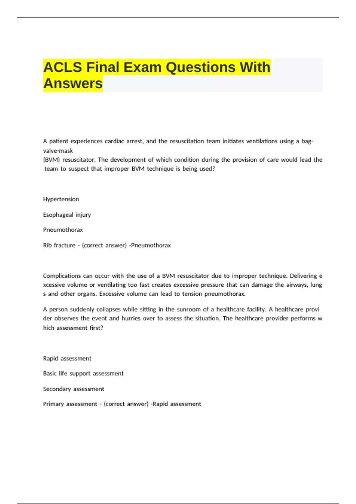 ACLS Final Exam Questions With Answers - ACLS - Stuvia US