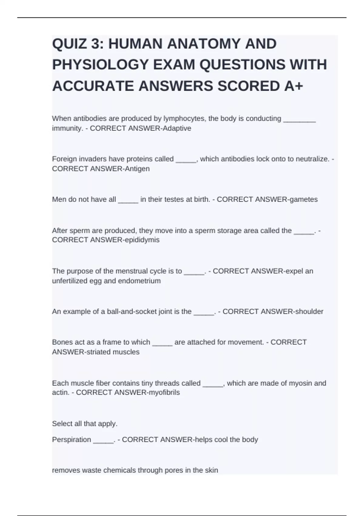 QUIZ 3: HUMAN ANATOMY AND PHYSIOLOGY EXAM QUESTIONS WITH ACCURATE ...