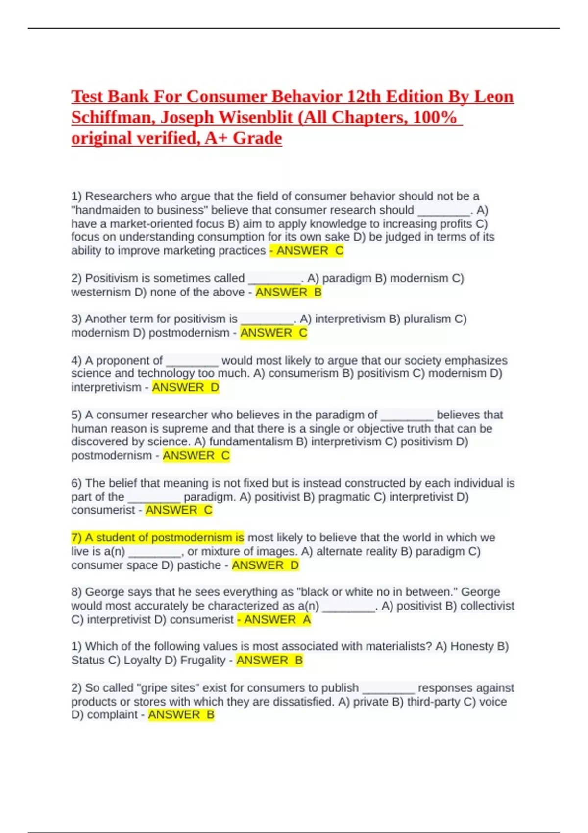 Test Bank For Consumer Behavior 12th Edition By Leon Schiffma1 ...