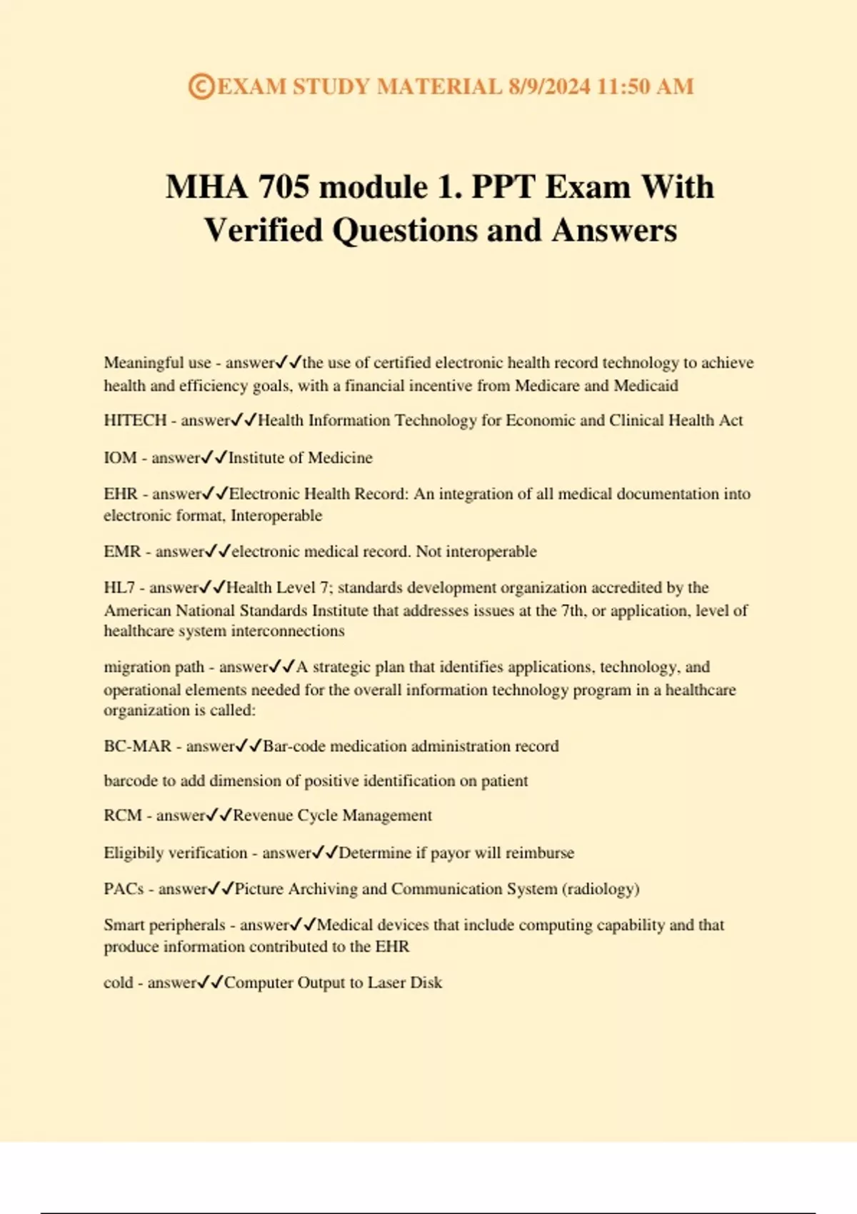 MHA 705 module 1. PPT Exam With Verified Questions and Answers - MHA ...