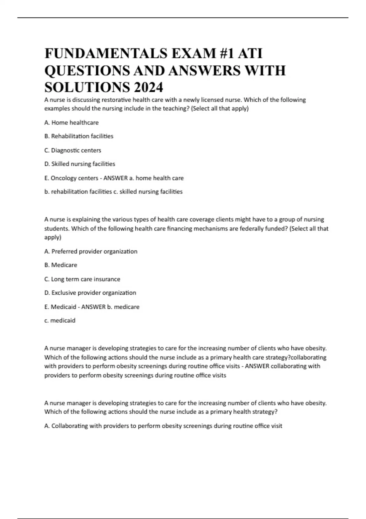 FUNDAMENTALS EXAM #1 ATI QUESTIONS AND ANSWERS WITH SOLUTIONS 2024 ...