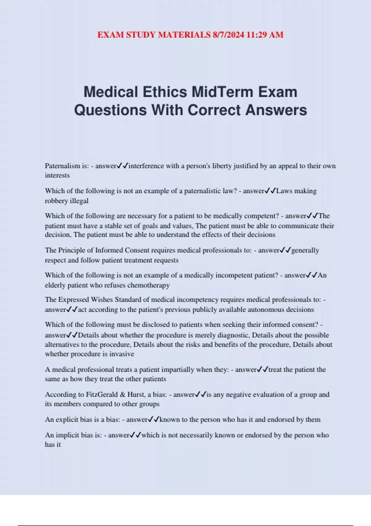 Medical Ethics MidTerm Exam Questions With Correct Answers - Medical ...