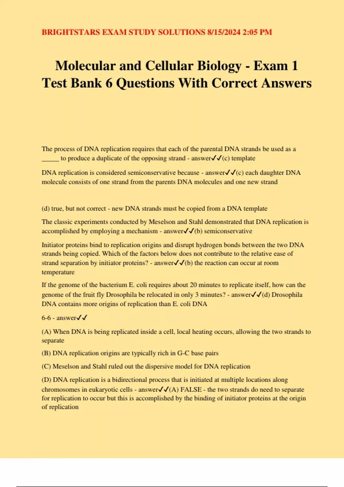 Molecular and Cellular Biology - Exam 1 Test Bank 6 Questions With ...