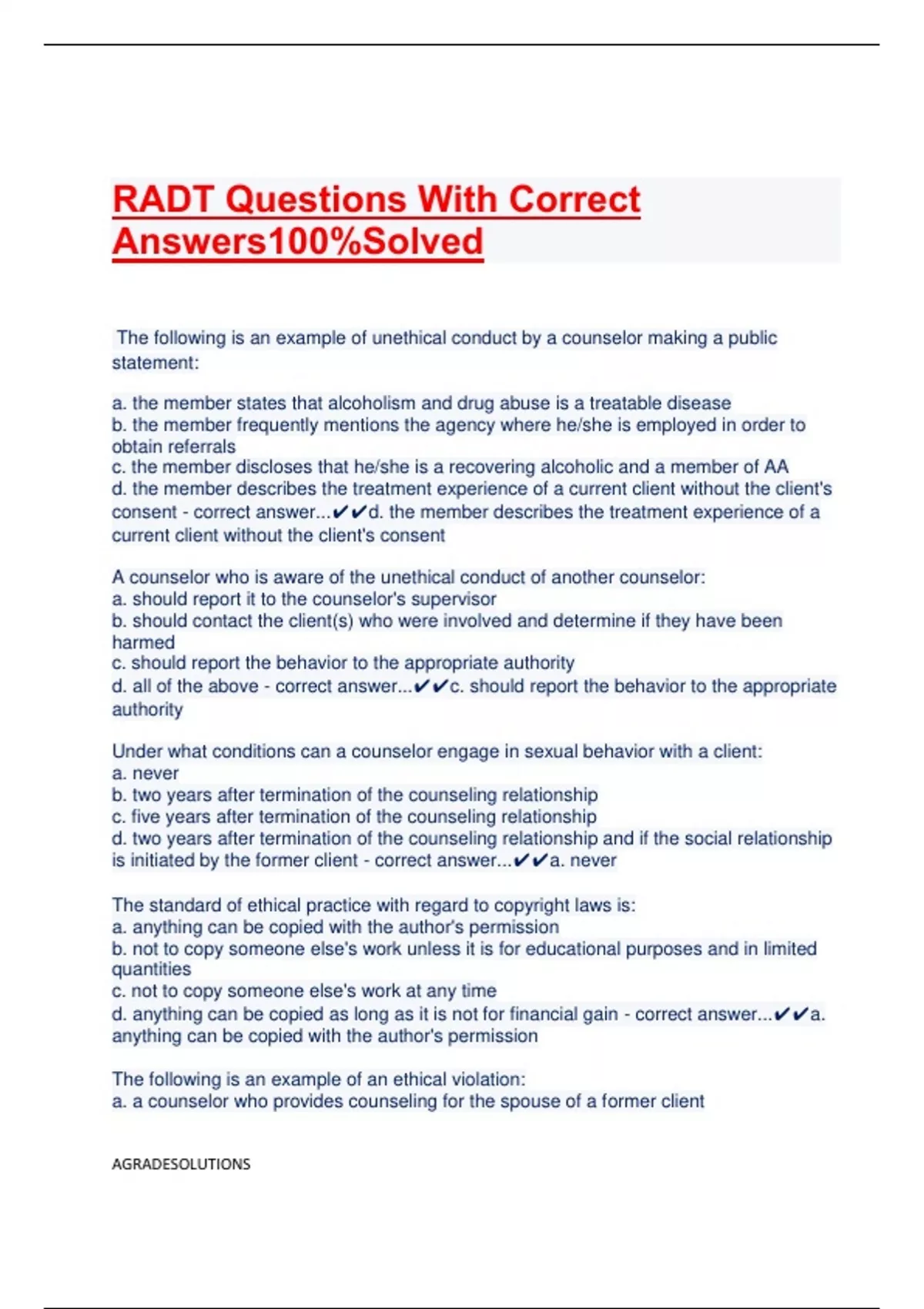 RADT Questions With Correct Answers100%Solved - RADT - Stuvia US