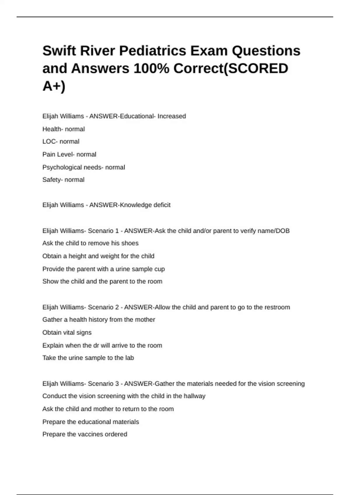 Swift River Pediatrics Exam Questions and Answers 100% Correct(SCORED ...