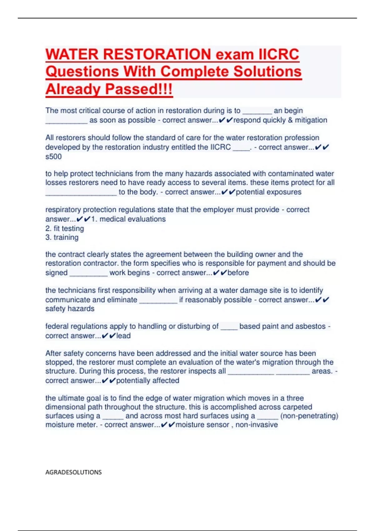 WATER RESTORATION exam IICRC Questions With Complete Solutions Already ...