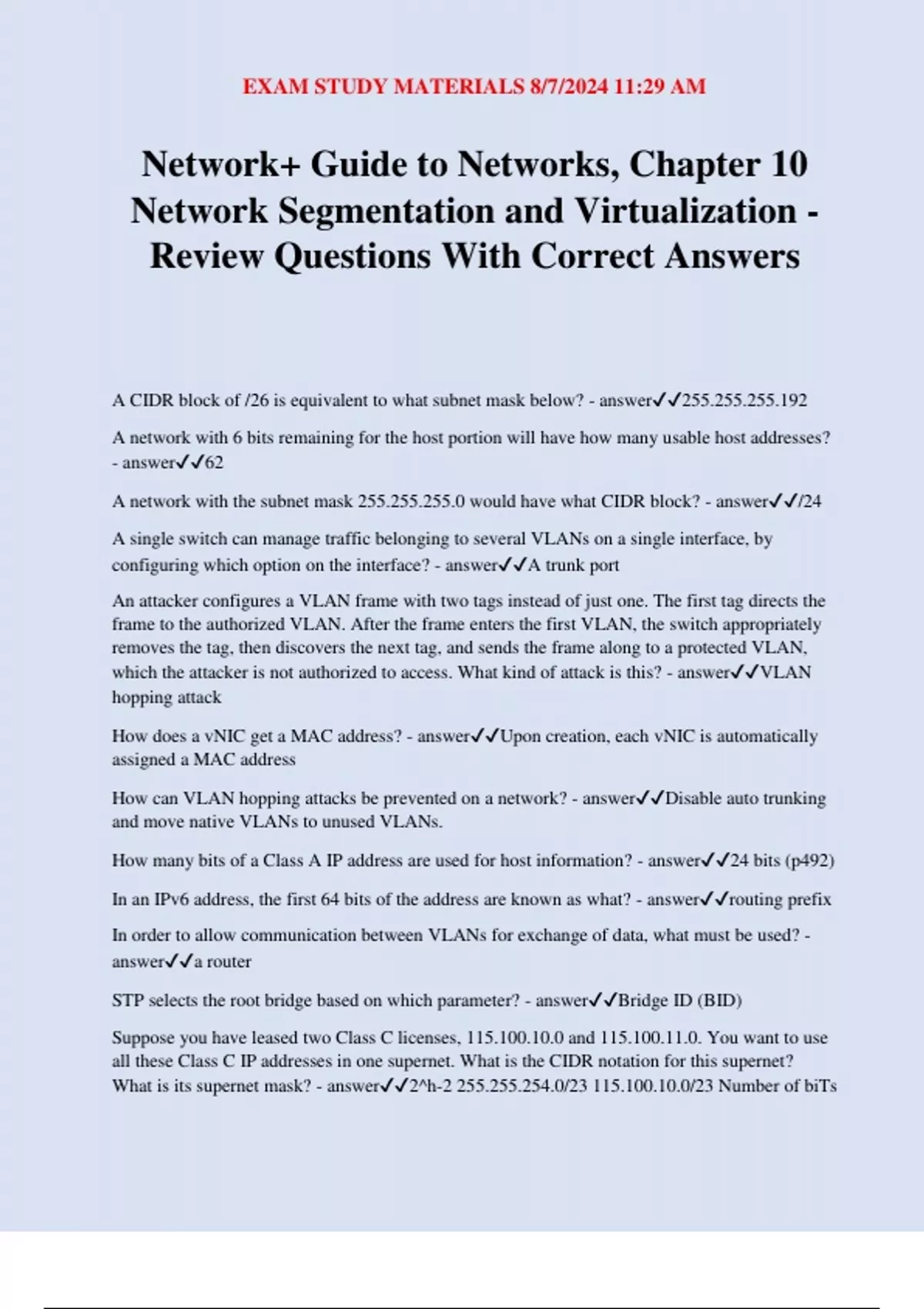 Network+ Guide to Networks, Chapter 10 Network Segmentation and Virtualization - Review ...