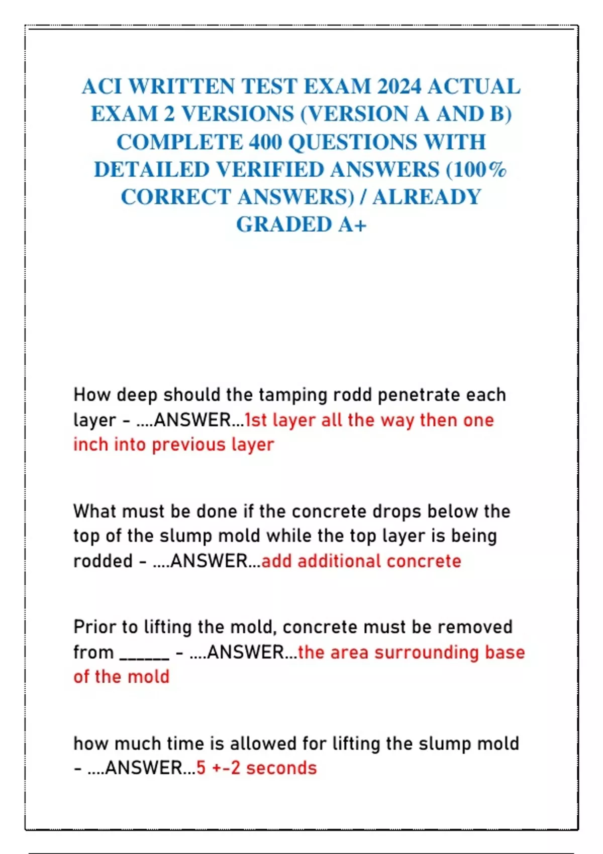 ACI WRITTEN TEST EXAM 2024 ACTUAL EXAM 2 VERSIONS (VERSION A AND B ...