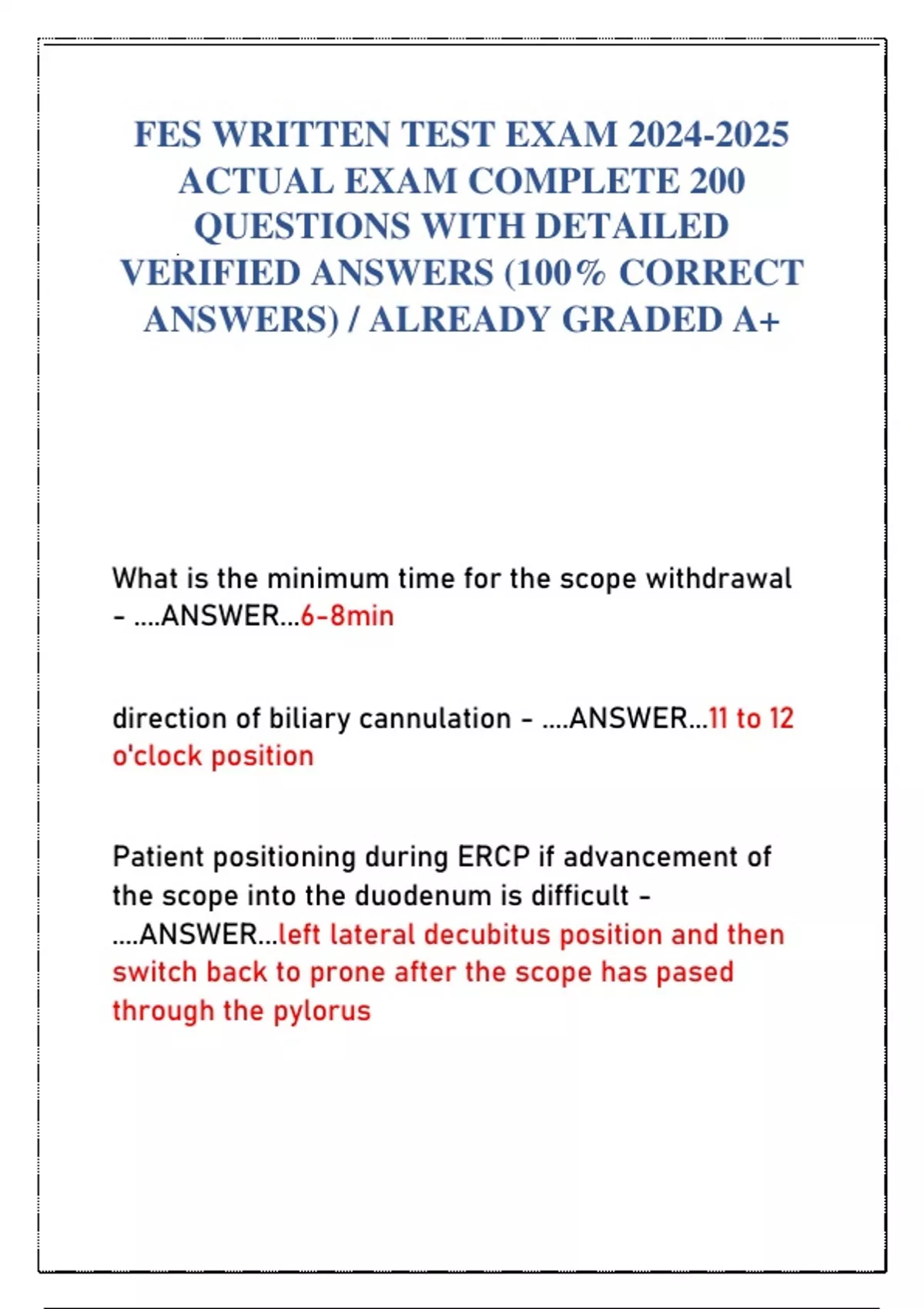 FES WRITTEN TEST EXAM ACTUAL EXAM COMPLETE 200 QUESTIONS WITH DETAILED ...