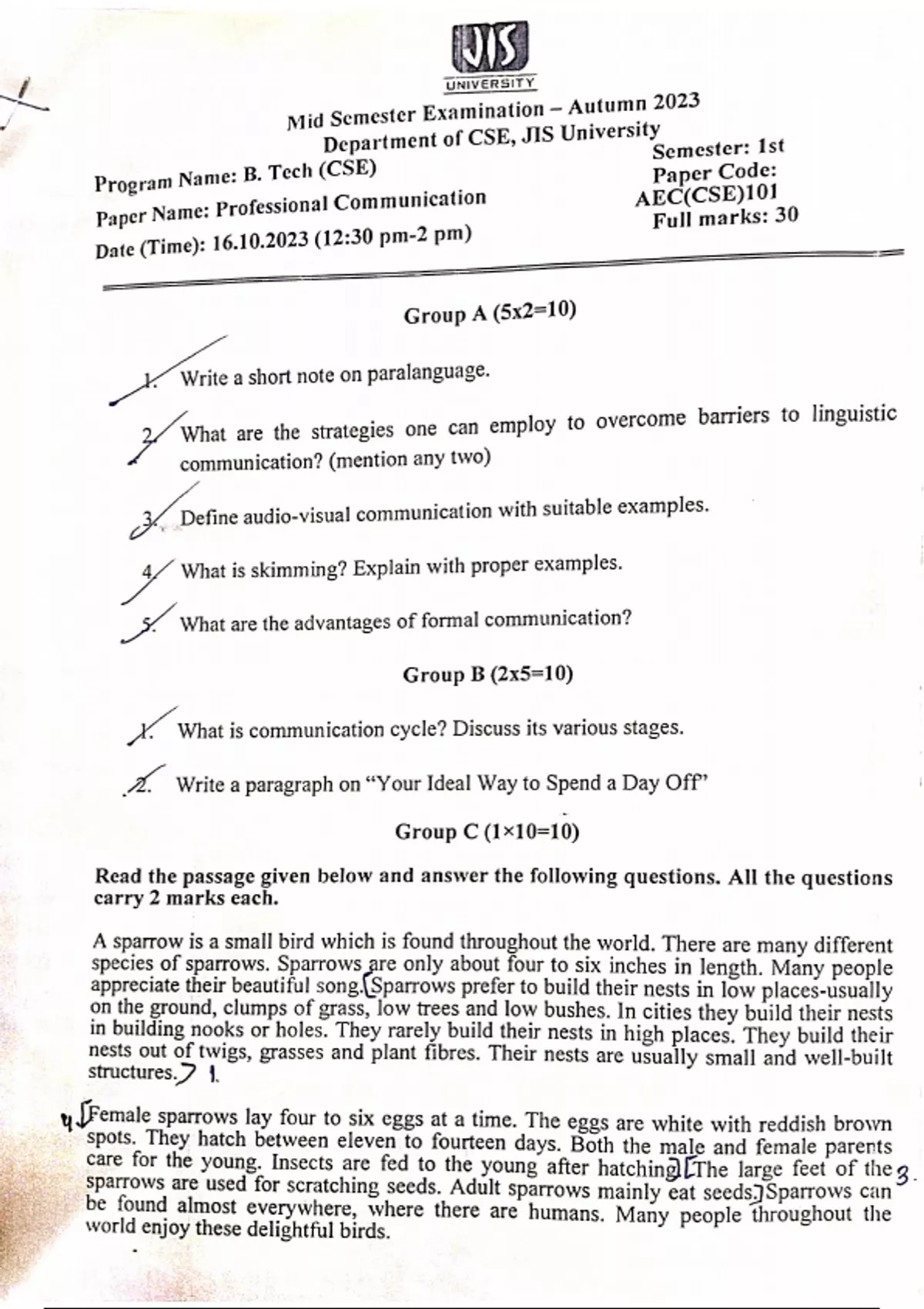 JIS UNIVERSITY MID SEMESTER EXAM QUESTION PAPERS - Btech - Stuvia US