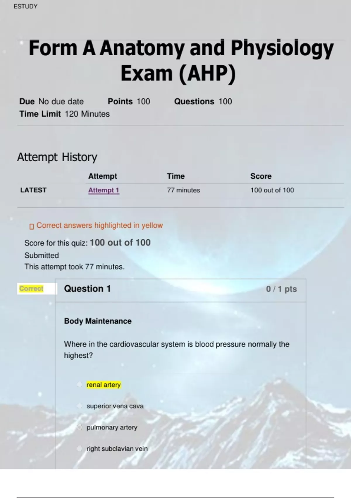 Form A Anatomy and Physiology Exam (AHP) ALL ANSWERED CORRECTLY - Human ...