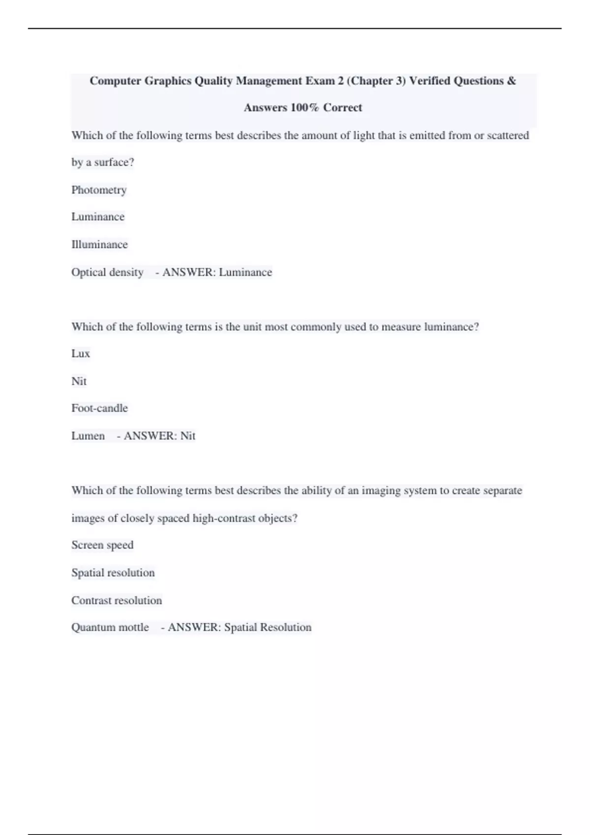 Computer Graphics Quality Management Exam 2 (Chapter 3) Verified ...