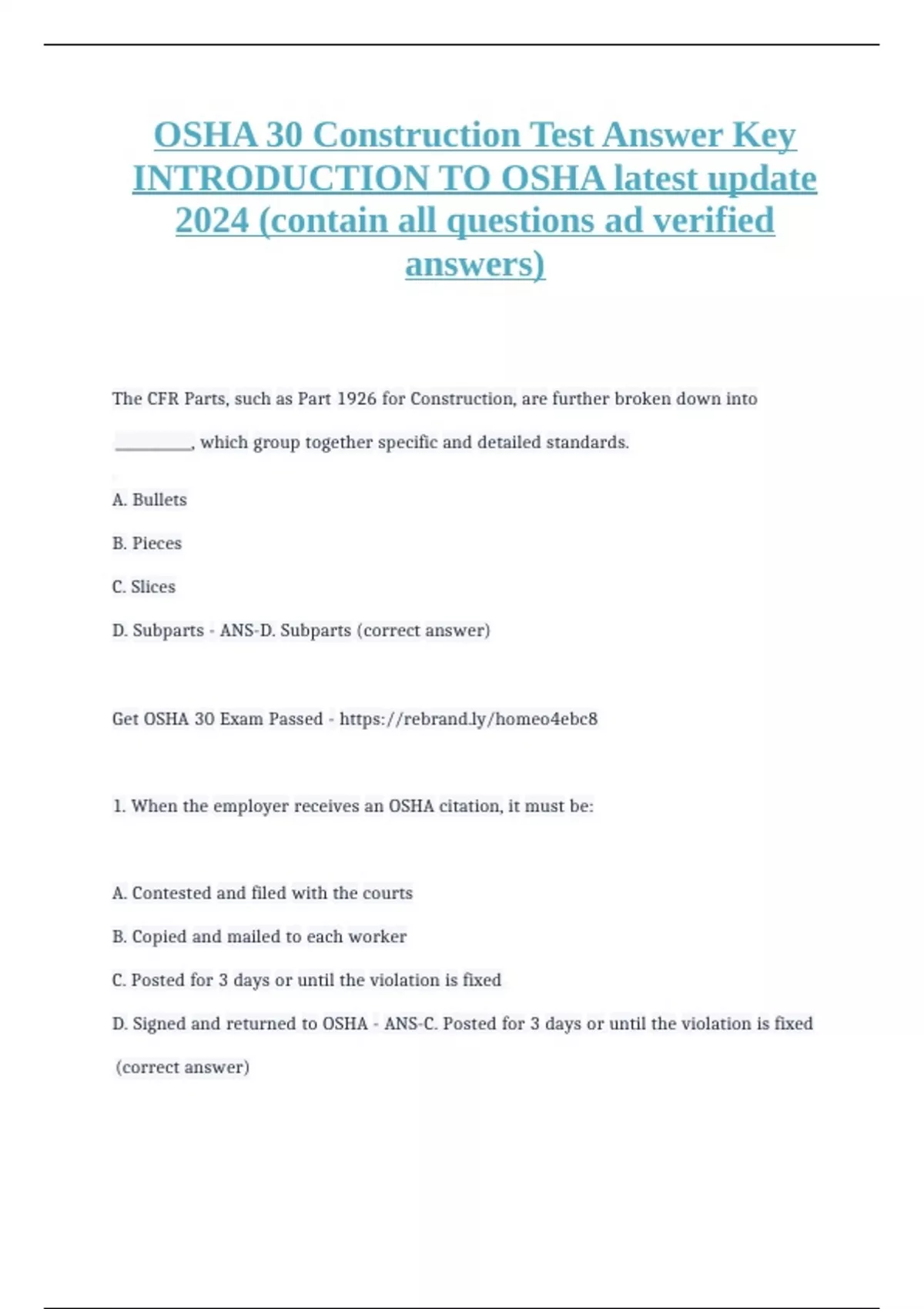 OSHA 30 Construction Test Answer Key INTRODUCTION TO OSHA latest update ...
