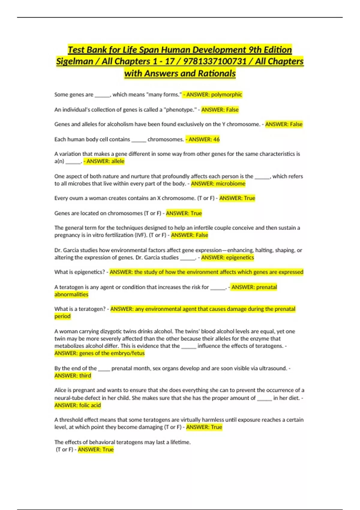 Life Span Human Development 9th Edition Sigelman / All Chapters 1 - 17 ...