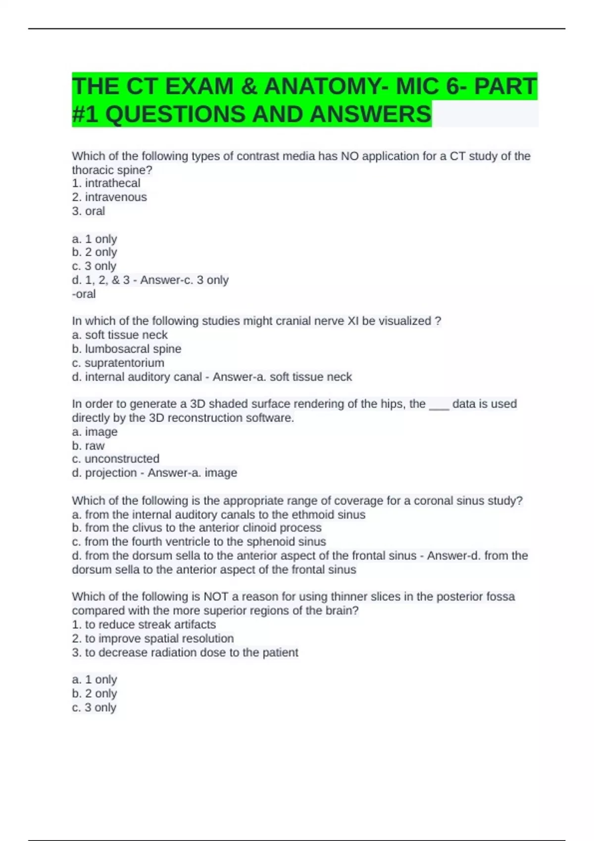 THE CT EXAM & ANATOMY- MIC 6- PART #1 QUESTIONS AND ANSWERS - Computed Tomography - Stuvia US
