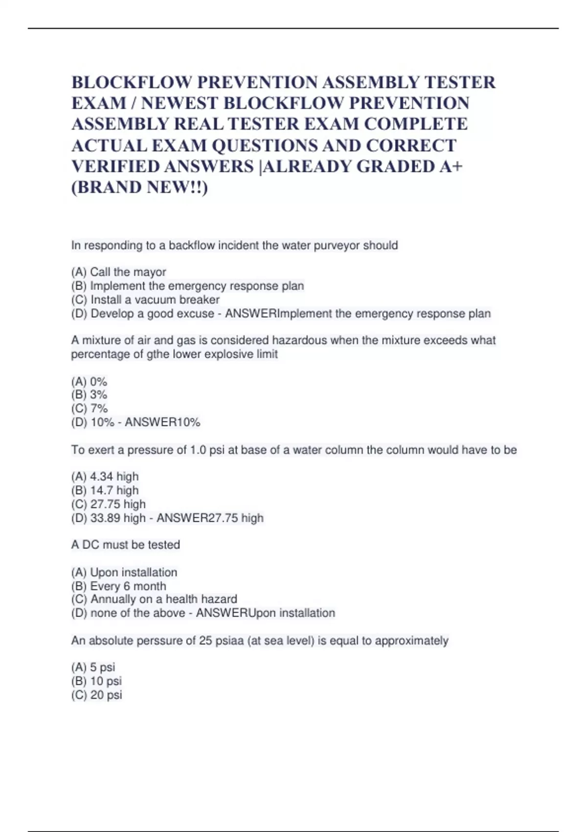 BLOCKFLOW PREVENTION ASSEMBLY TESTER EXAM / NEWEST BLOCKFLOW PREVENTION ...