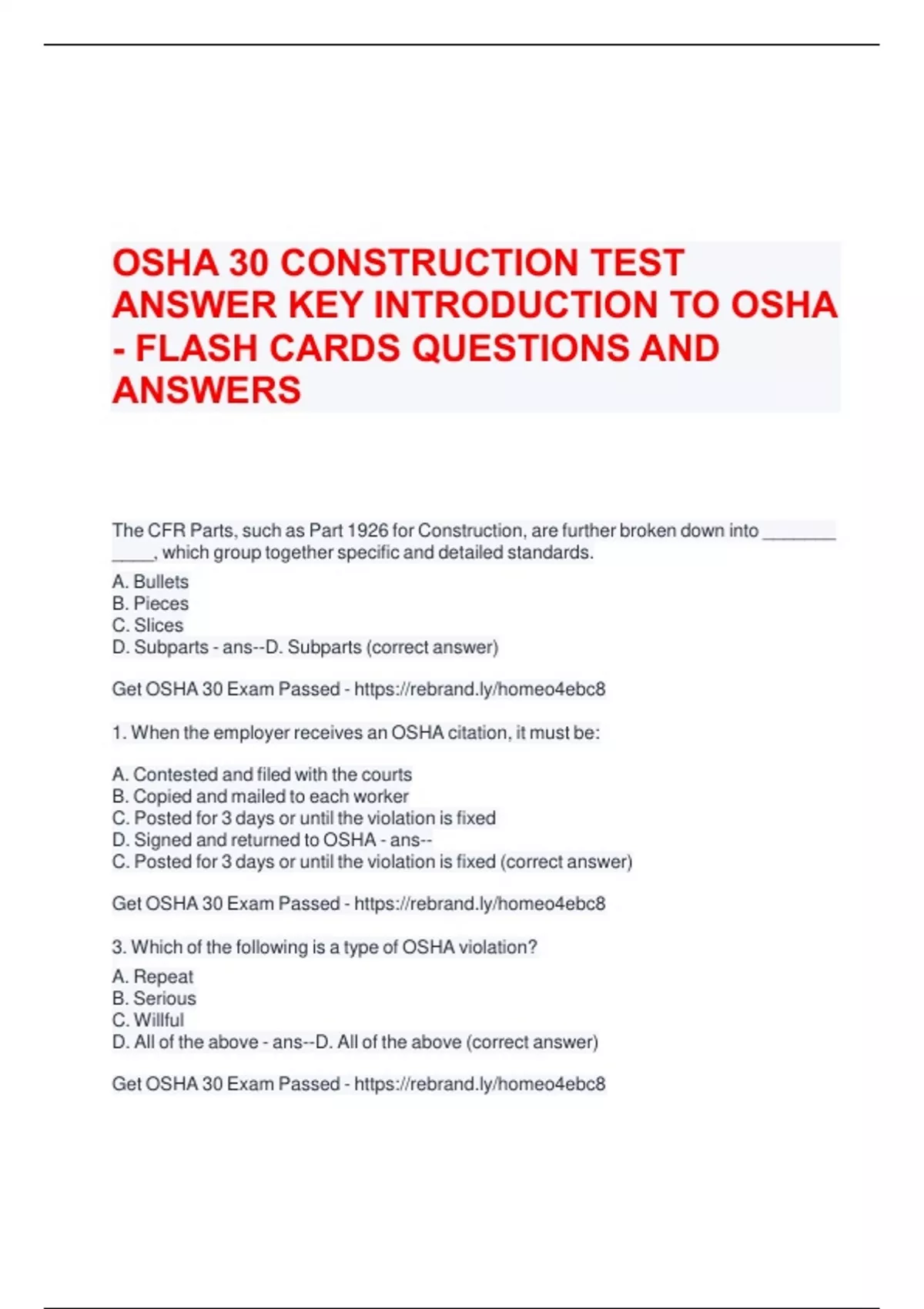 OSHA 30 CONSTRUCTION TEST ANSWER KEY INTRODUCTION TO OSHA - FLASH CARDS ...