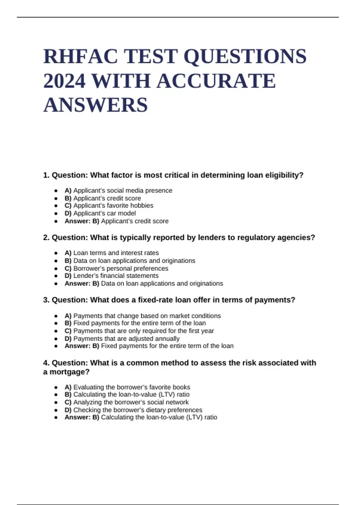 RHFAC TEST QUESTIONS 2024 WITH ACCURATE ANSWERS - Rhfac - Stuvia US