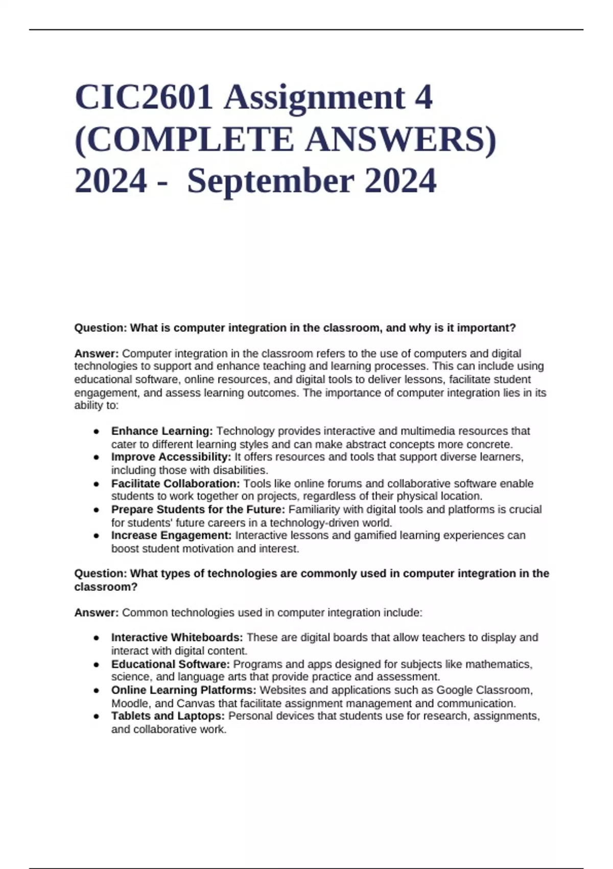 CIC2601 Assignment 4 (COMPLETE ANSWERS) 2024 - DUE September 2024 - COMPUTER IN THE CLASSROOM ...
