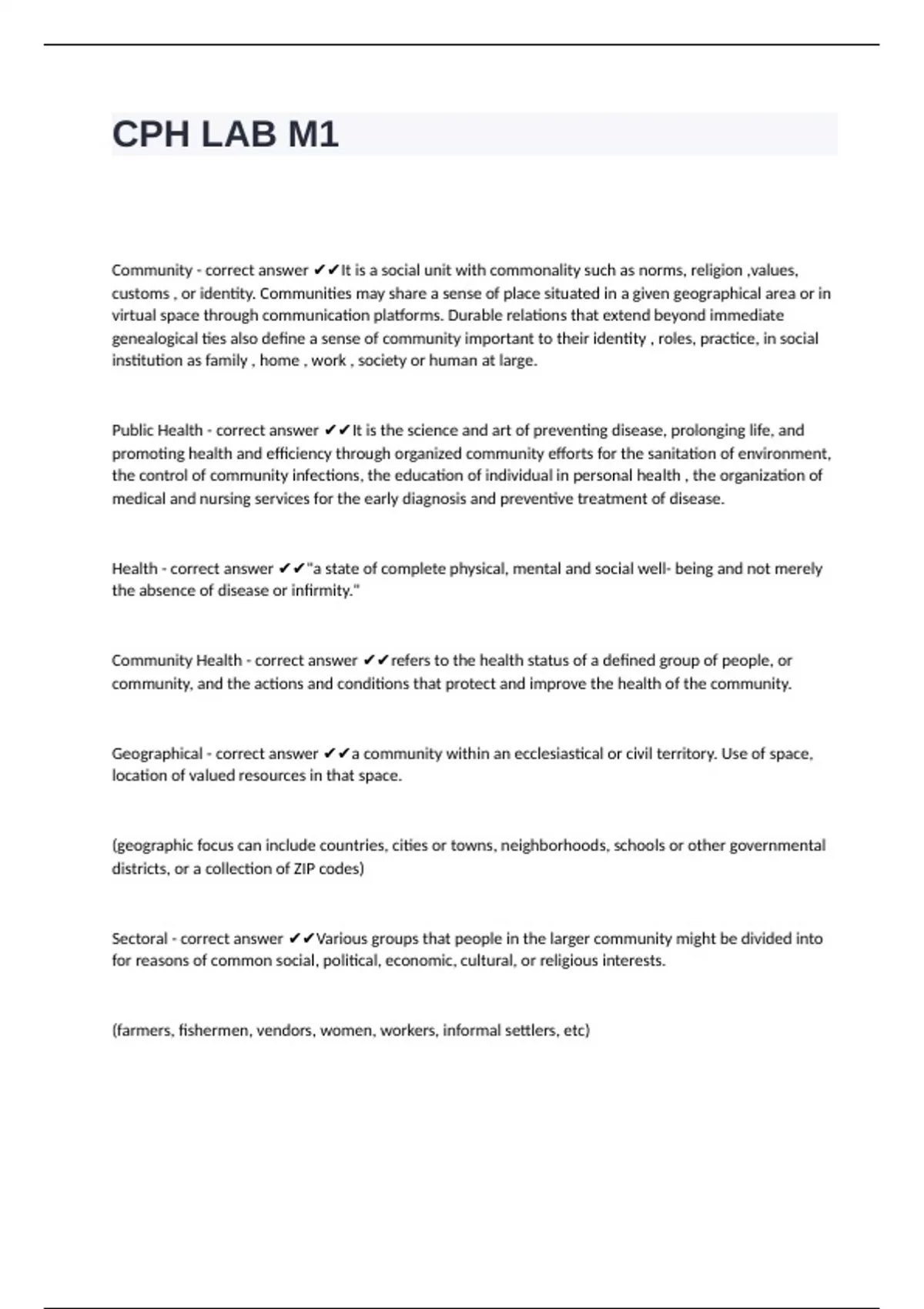 CPH LAB M1 questions with complete solutions - CPH LAB - Stuvia US