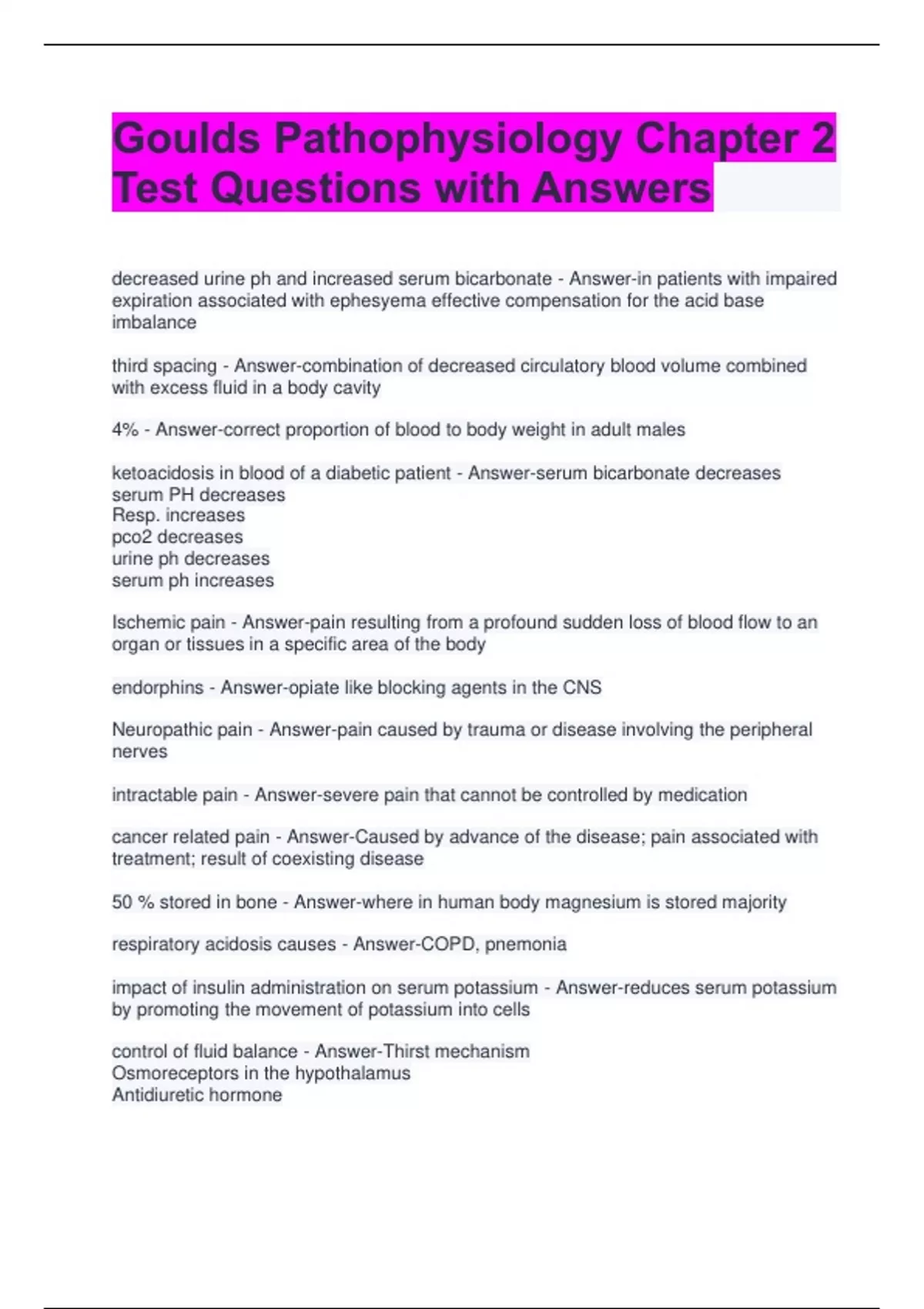 Goulds Pathophysiology Chapter 2 Test Questions with Answers - Goulds ...
