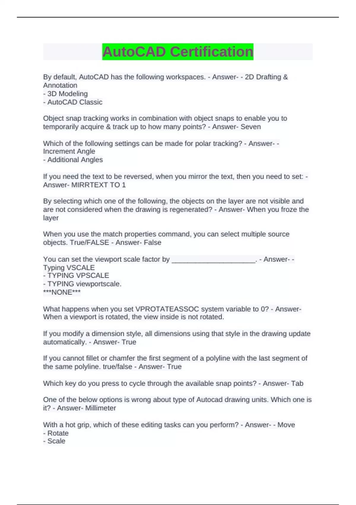 AutoCAD Certification Questions with Correct Answers - AutoCAD ...